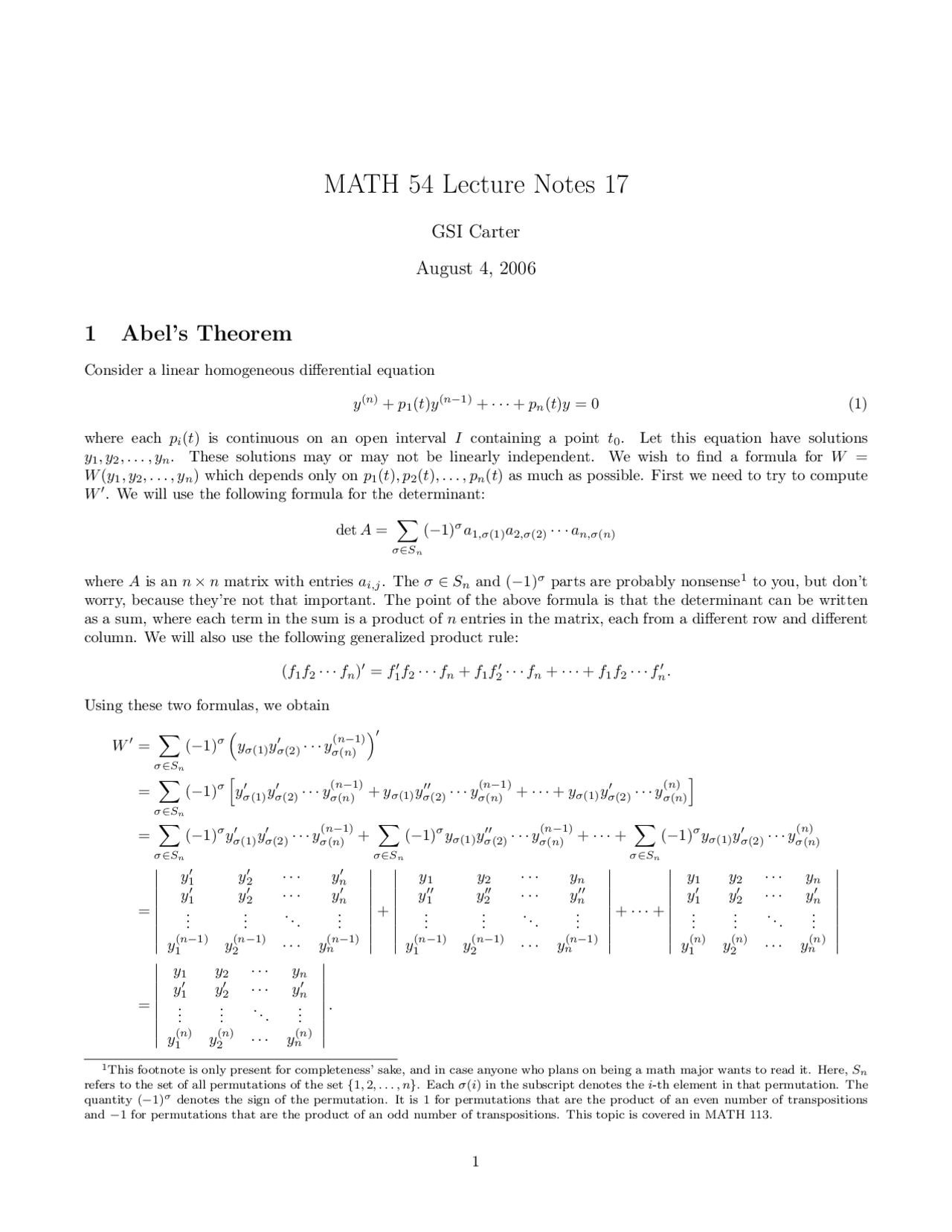 Abel's Theorem, Systems of Linear First Order Differential Equations ...