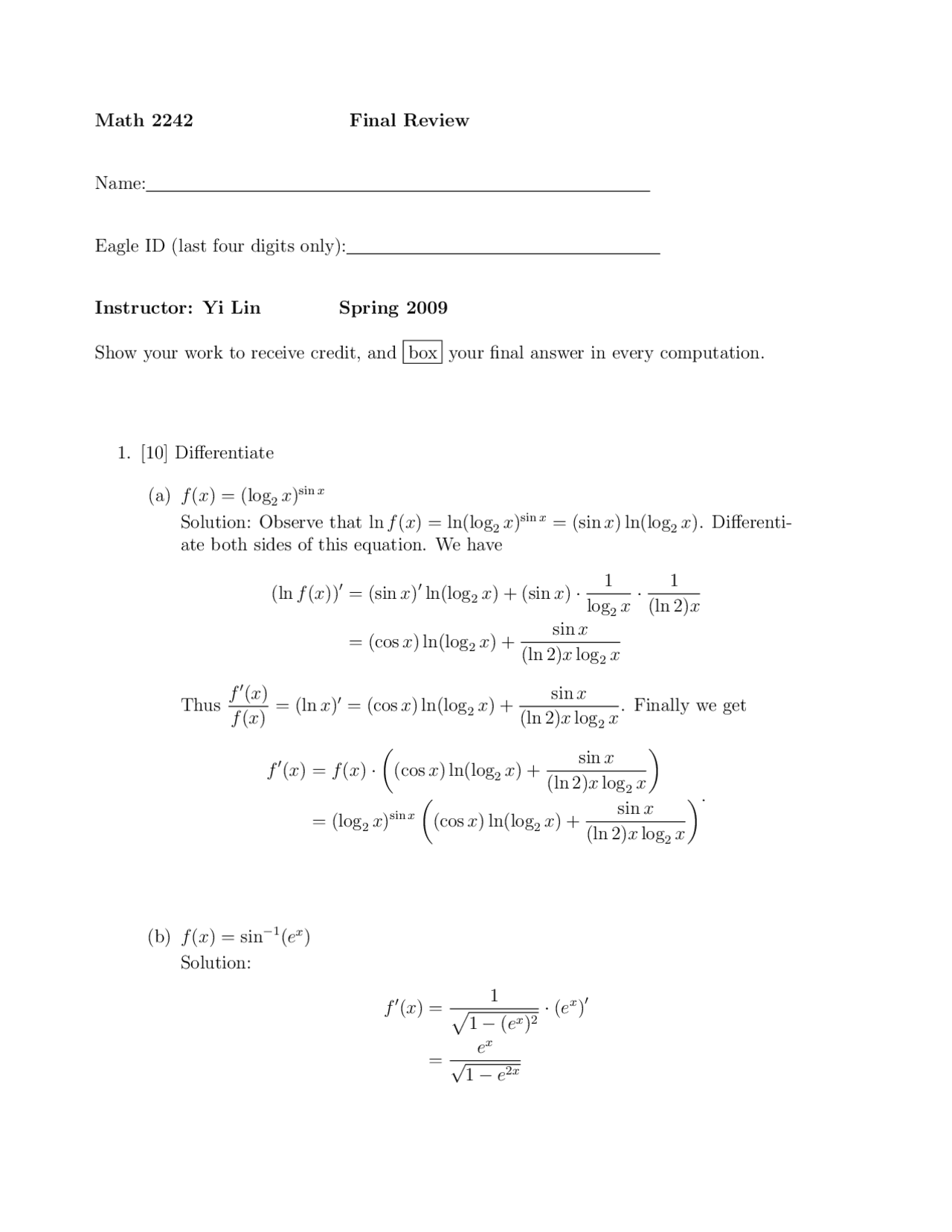 Study Materials for Calculus II - Final Review | MATH 2242 - Docsity
