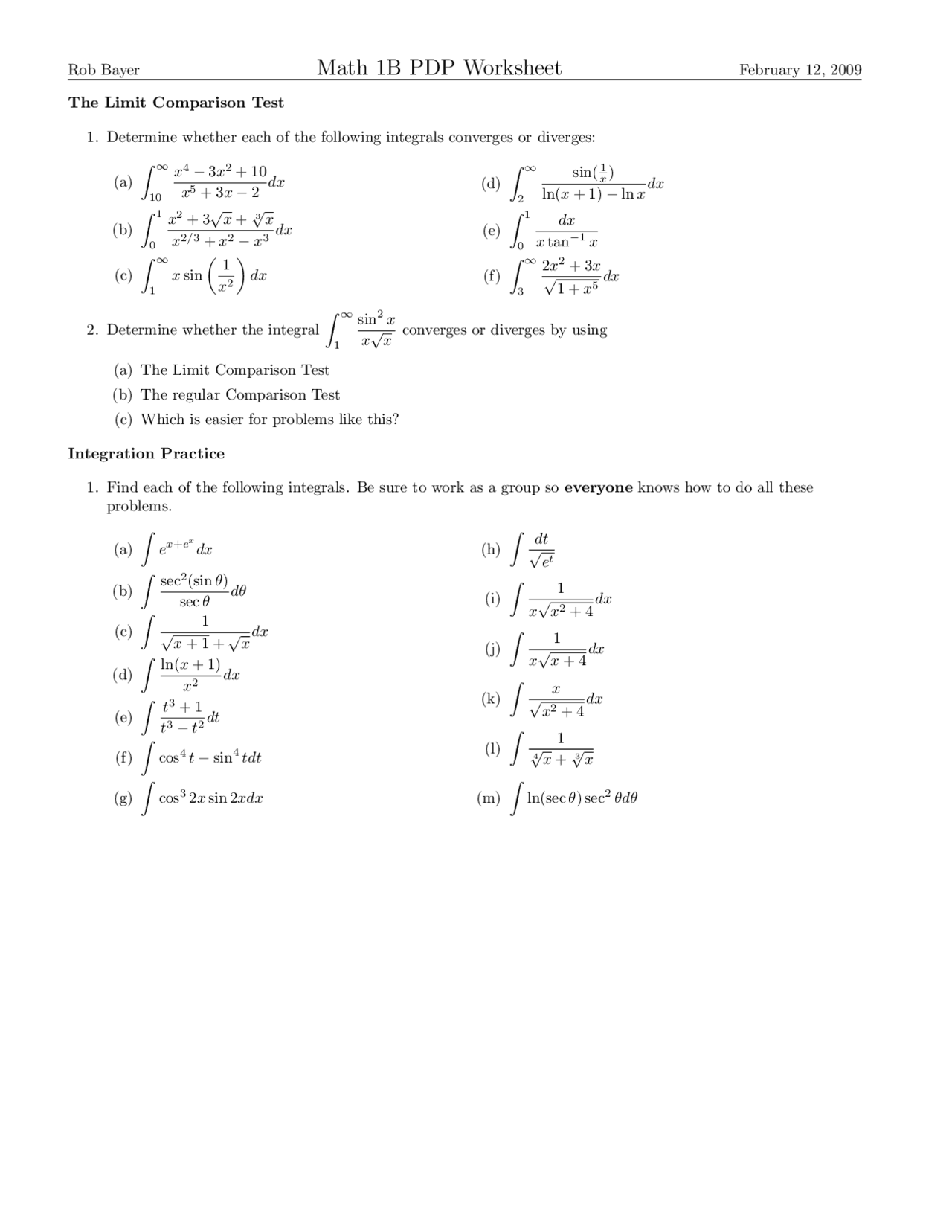 Limit Comparison Test Problems On Calculus Fall 2009 Math 1b