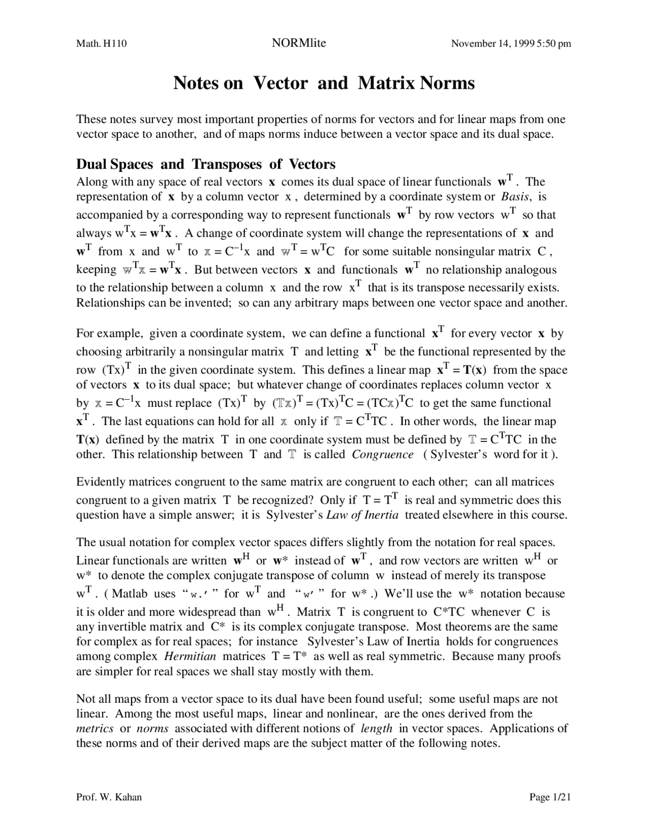 Dual Spaces and Transposes of Vectors in Matrix Norms | MATH H110 ...