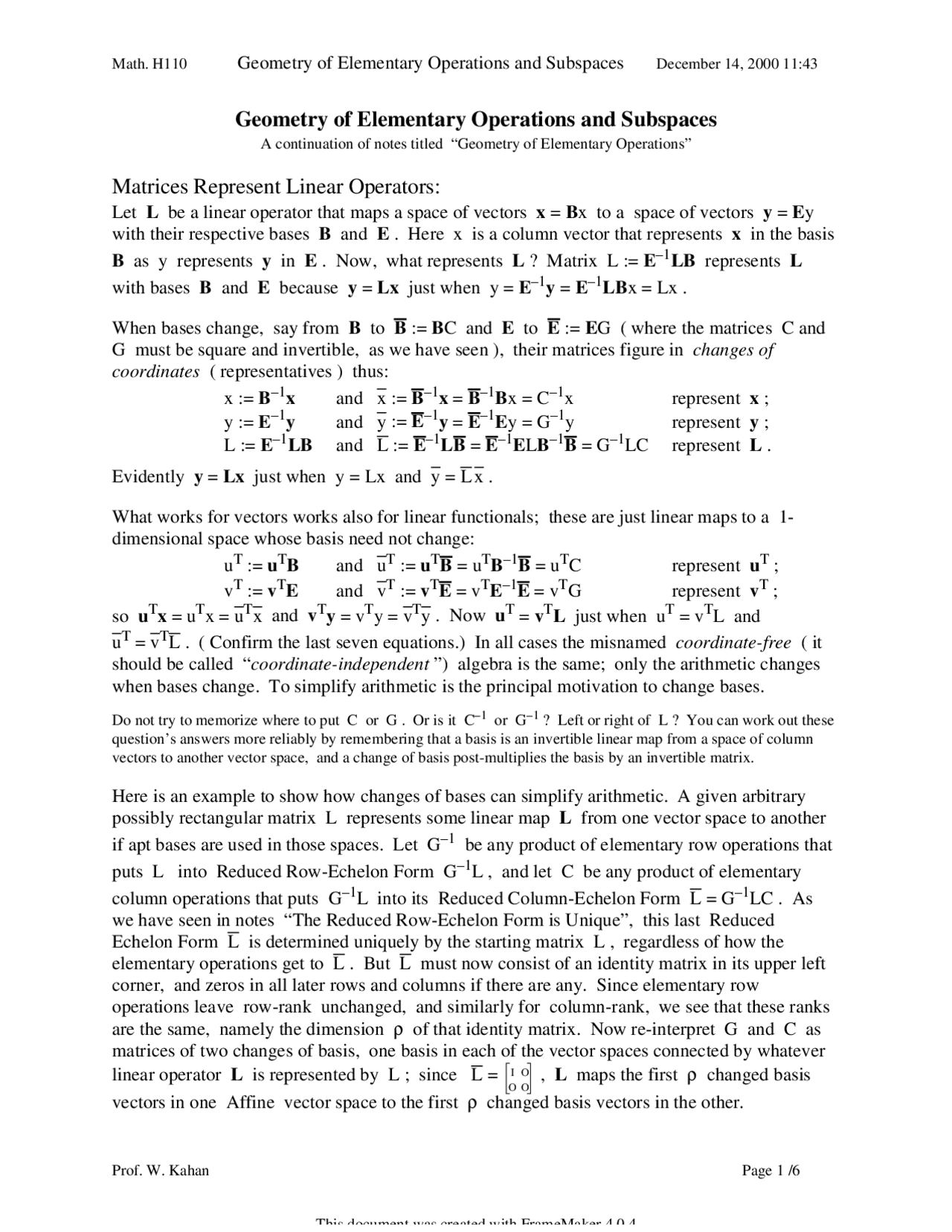 Geometry of Elementary Operations and Subspaces - Honors Linear Algebra | MATH H110 - Docsity