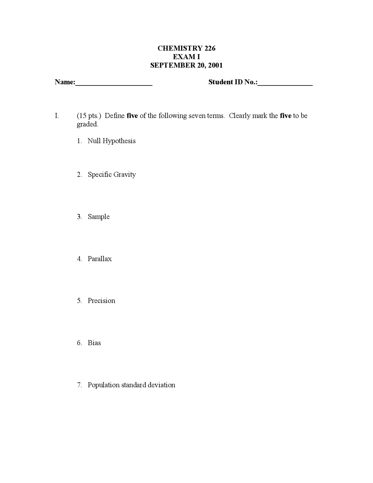 Exam 1 For Analytical Chemistry Che 226 Docsity