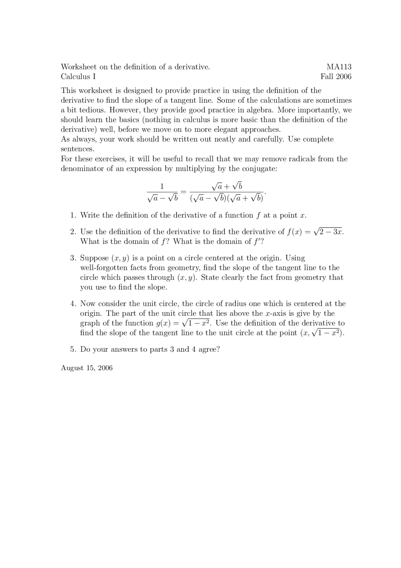 Calculus I Worksheet: Finding Derivatives and Tangent Lines ...