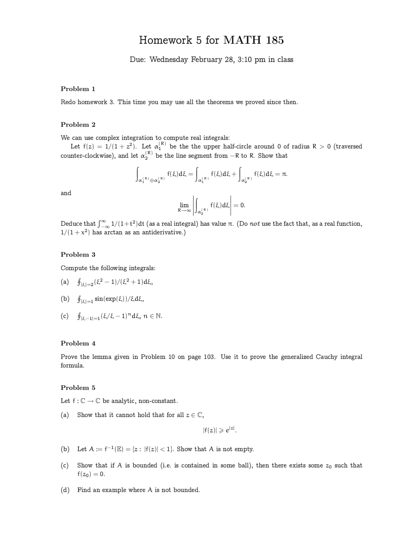 5 Problems For Assignment 5 Introduction To Complex Analysis Math