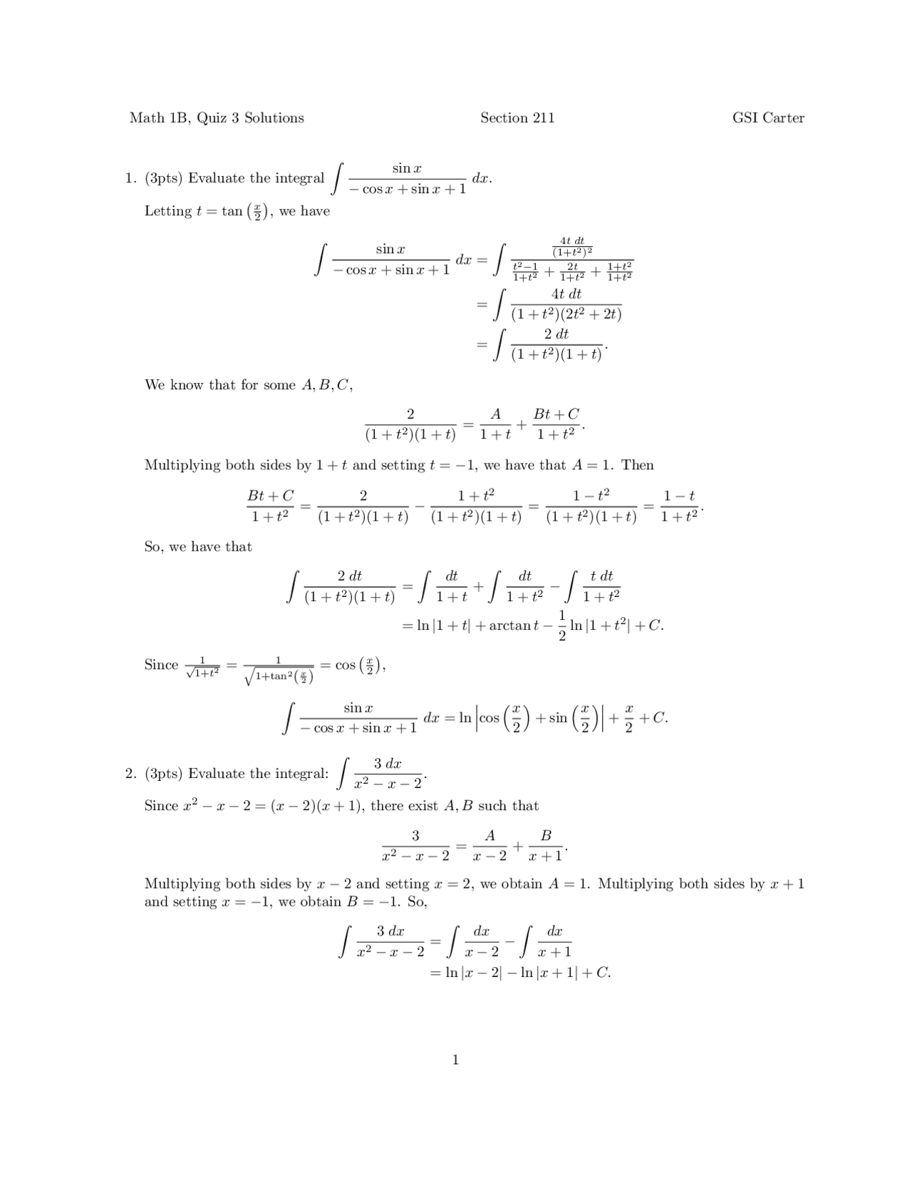 Quiz 3 with Solutions - Calculus | MATH 1B - Docsity