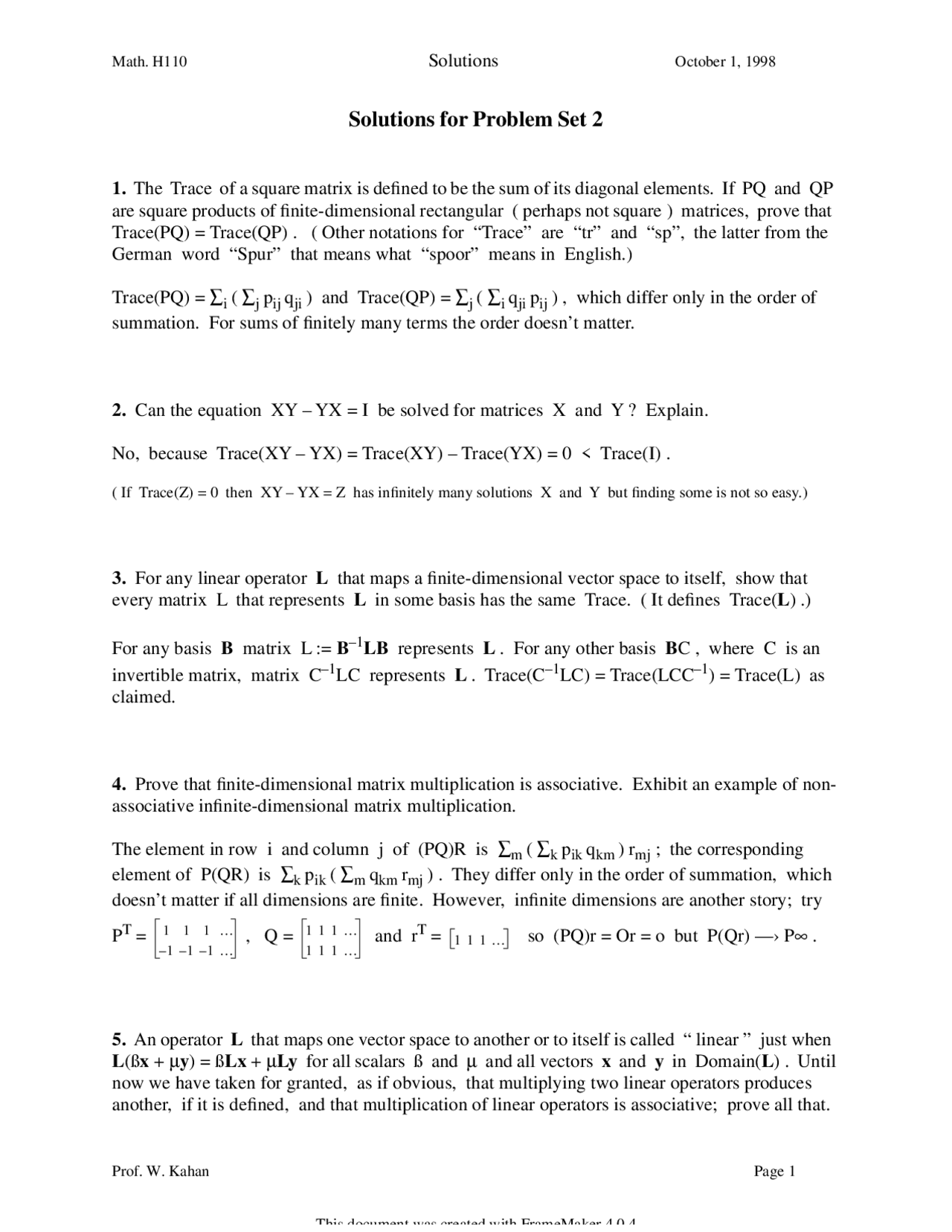 Problem Set 2 Solutions Honors Linear Algebra Math H110 Docsity