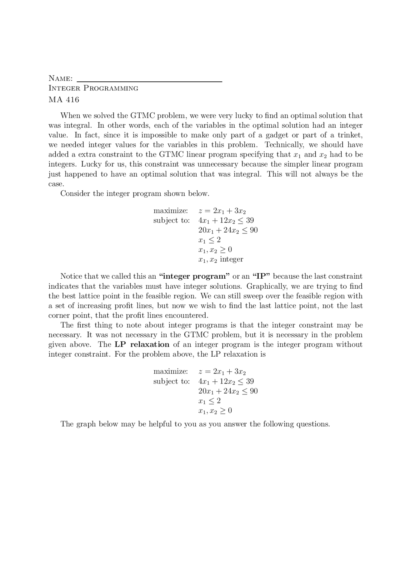 Integer Programming - Principles of Operations Research I | MA 416G - Docsity