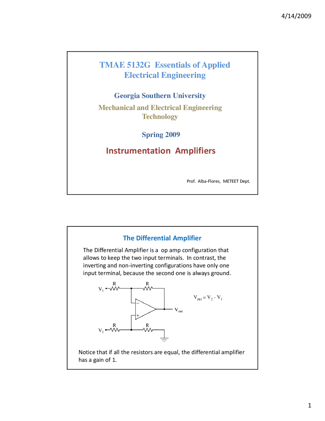 Lecture Slides On Instrumentation Amplifiers Tmae 5132g Docsity