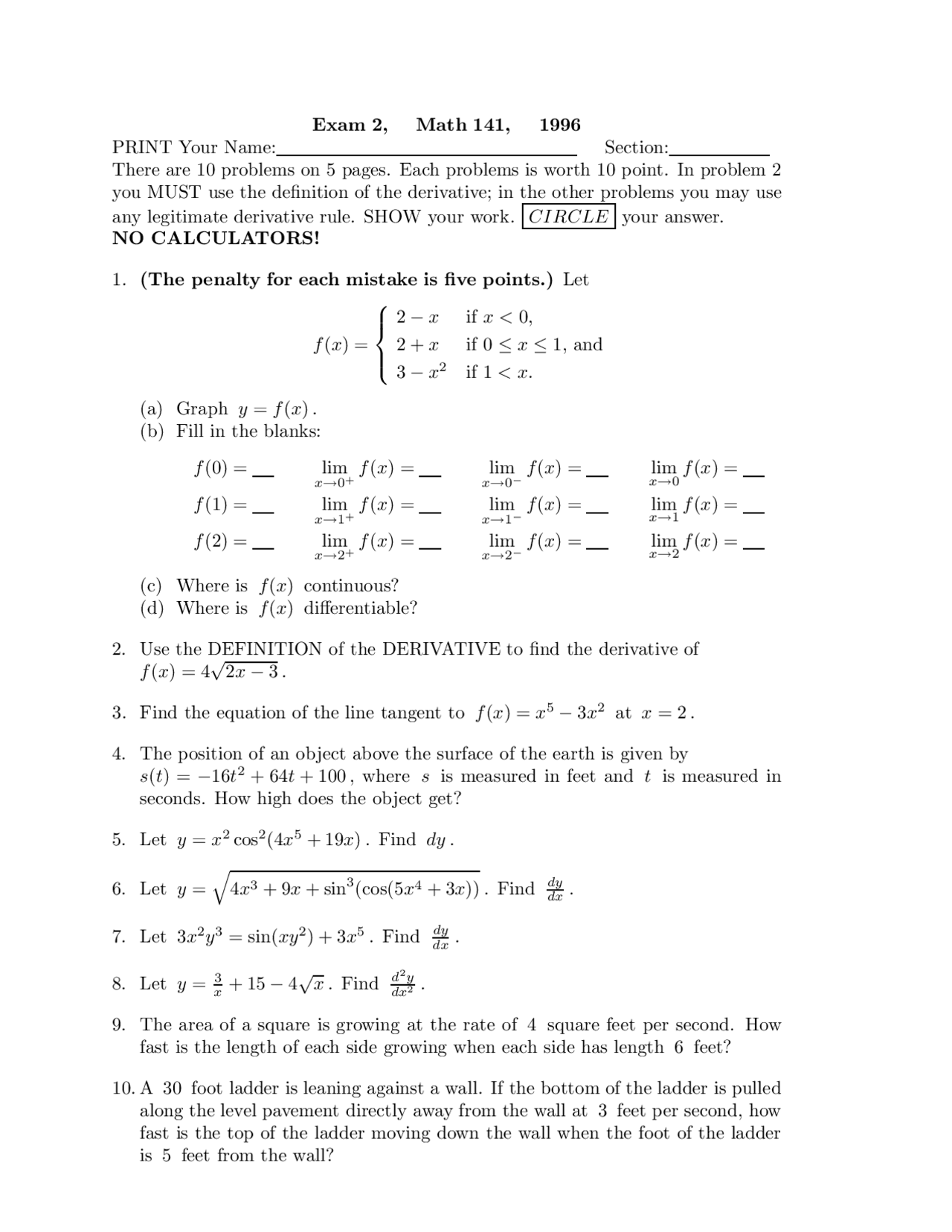 10 Problems on Old Exam 2 for Calculus I | MATH 141 - Docsity