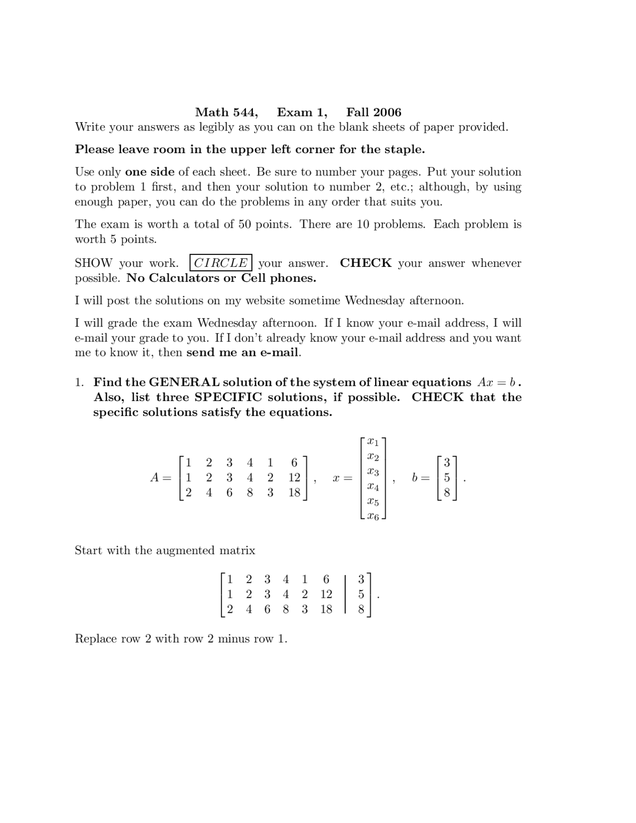 Linear Algebra Midterm Exam 1 Questions Math 544 Docsity