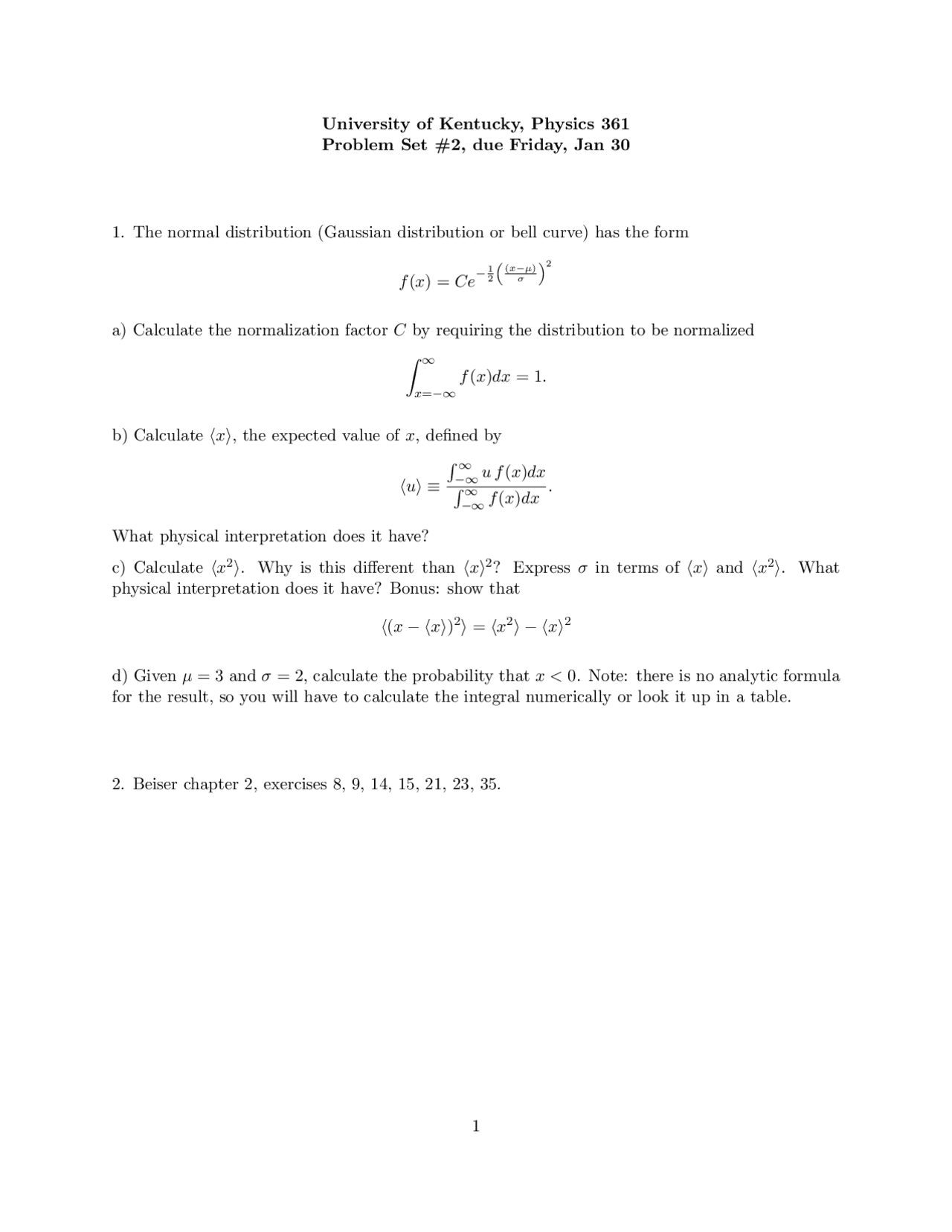 2 Problems On The Gaussian Distribution Assignment 2 Phy 361 Docsity