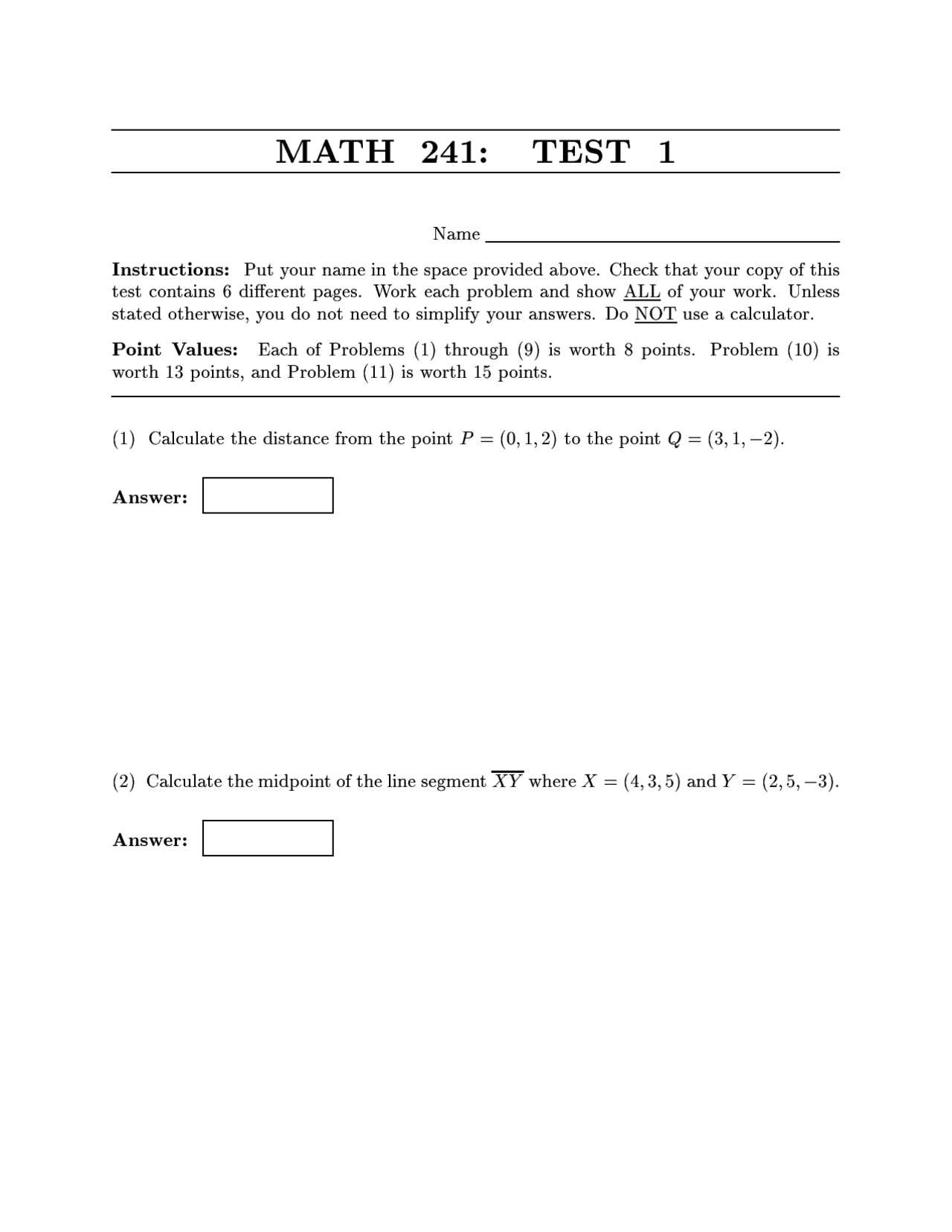 Test 1 Problems Vector Calculus Math 241 Docsity