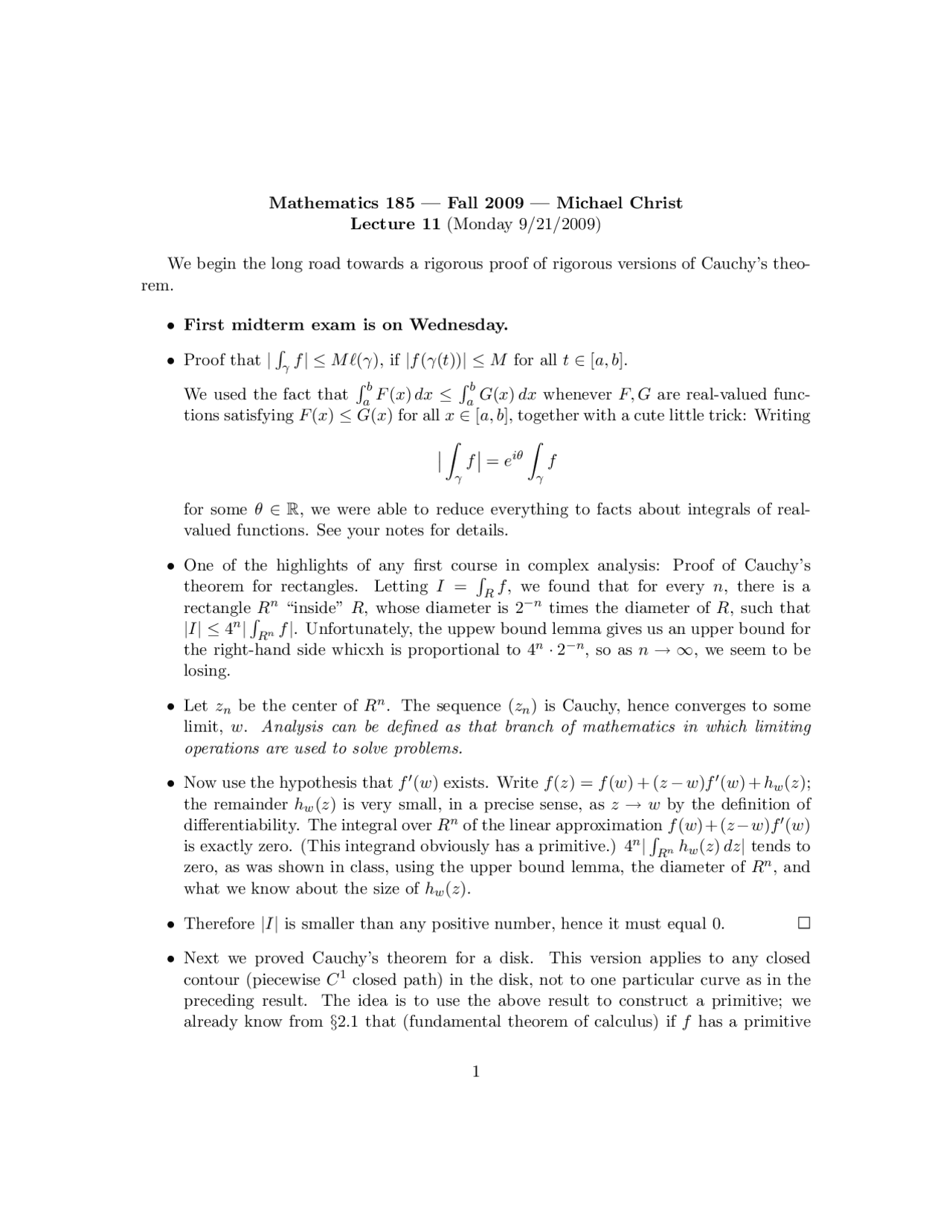 First Midterm Exam Introduction To Complex Analysis Fall 2009