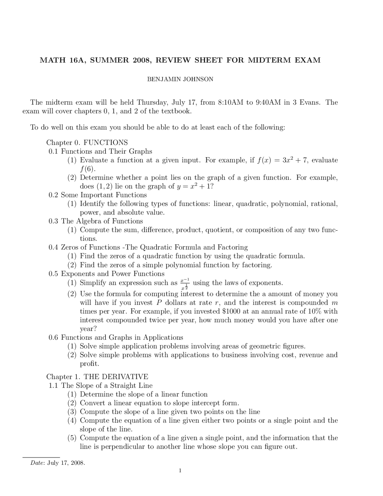 Review Sheet For Midterm Exam Analytic Geometry And Calculus Math