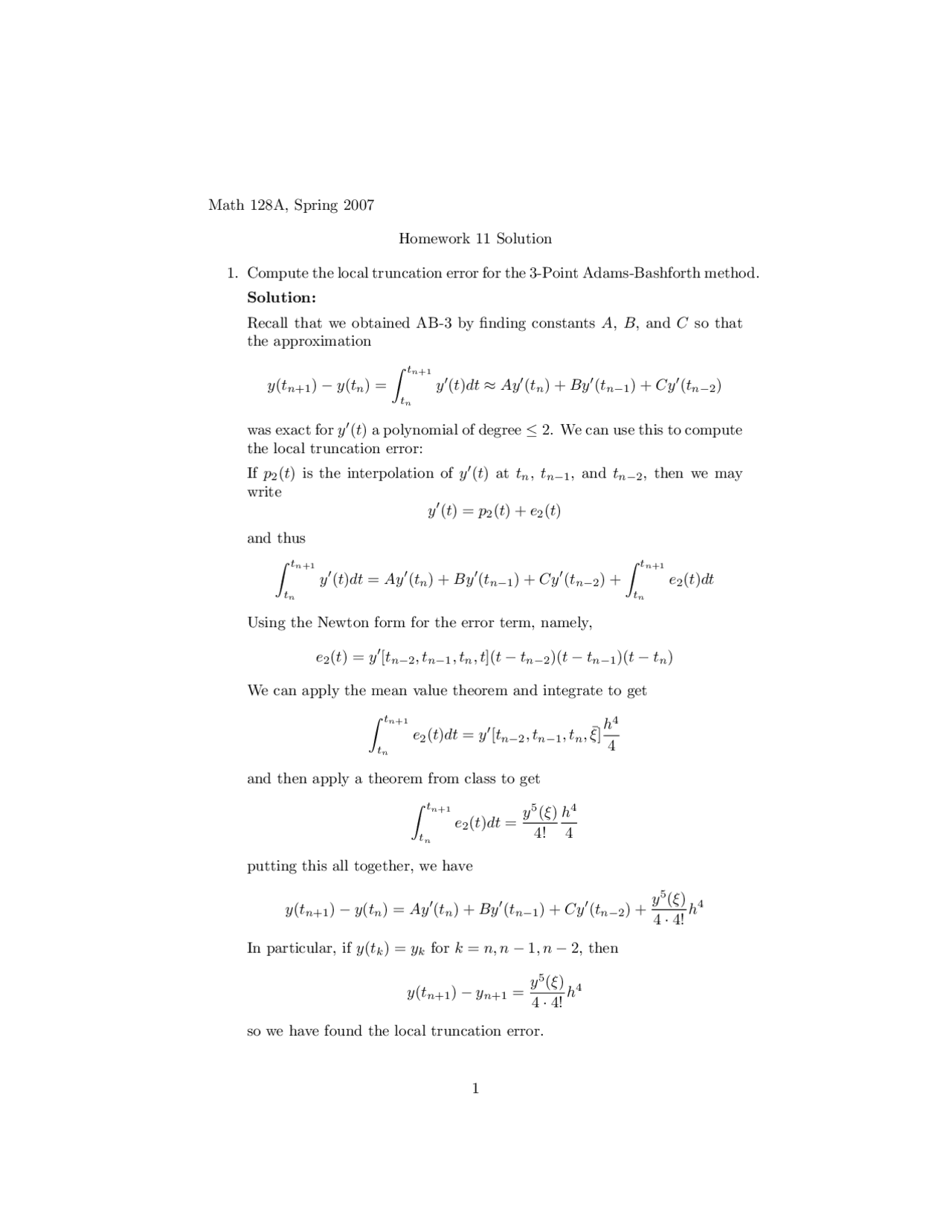 Numerical Analysis Homework 11 Solutions Math 128a Docsity