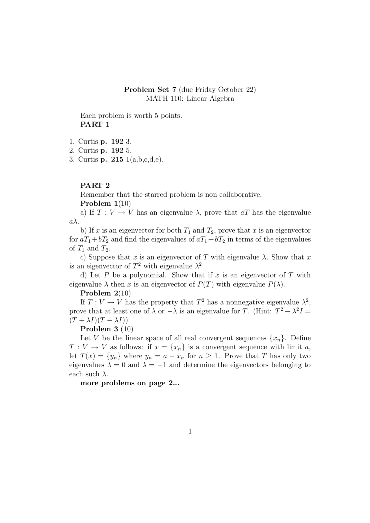 Problem Set 7 Linear Algebra Math 110 Docsity