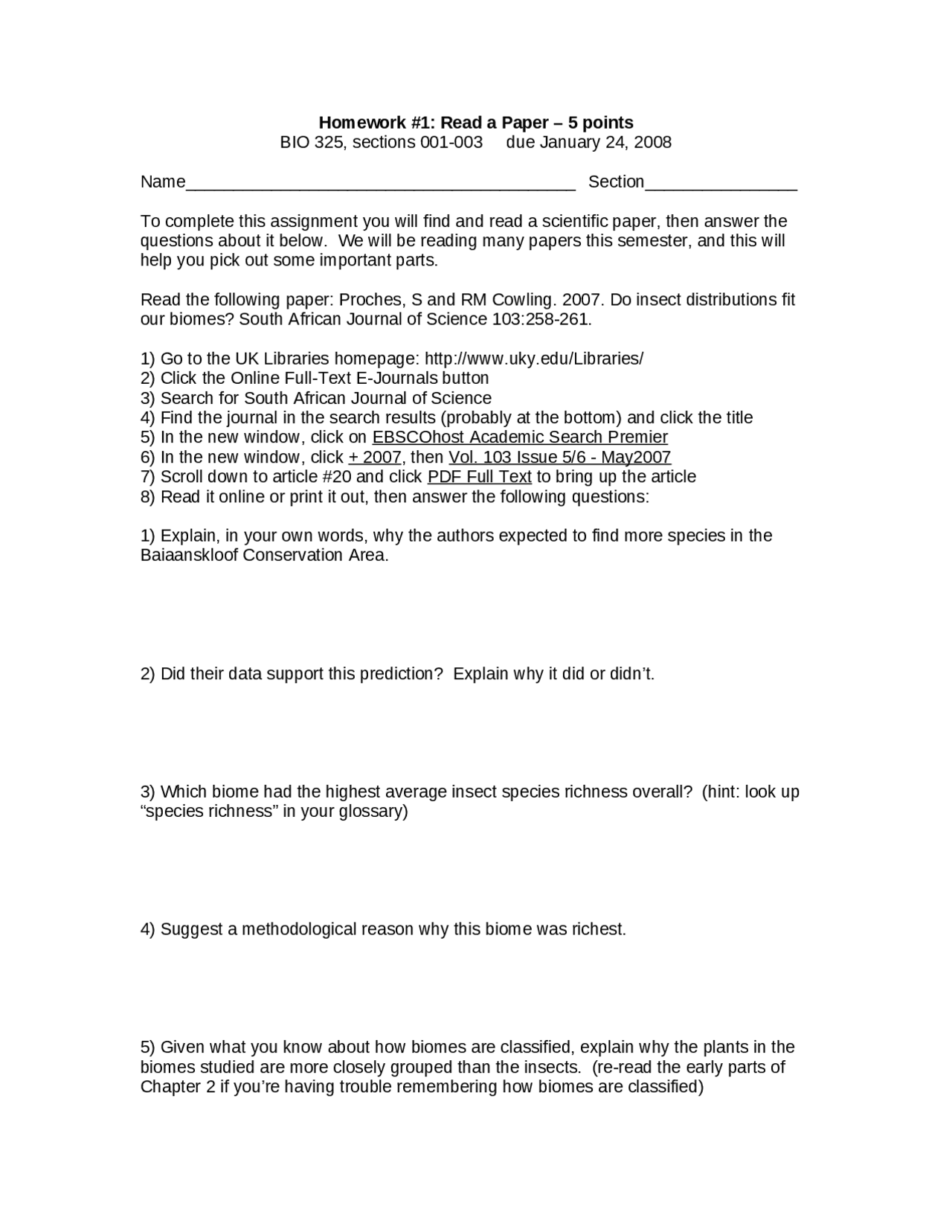 5 Questions For Assignment 1 Introductory Ecology Bio 325 Docsity