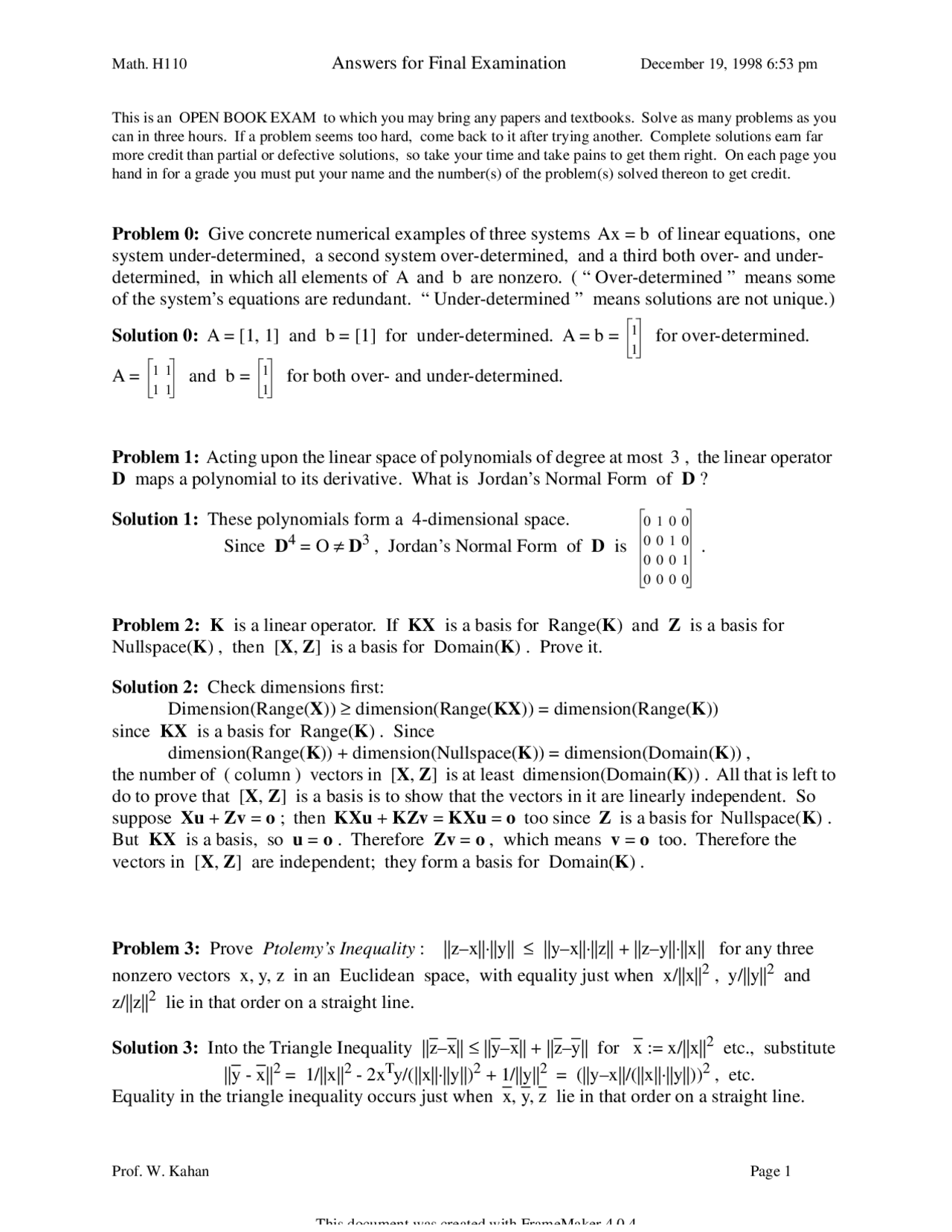 Final Examination Solution Of Problems Linear Algebra Honors Math