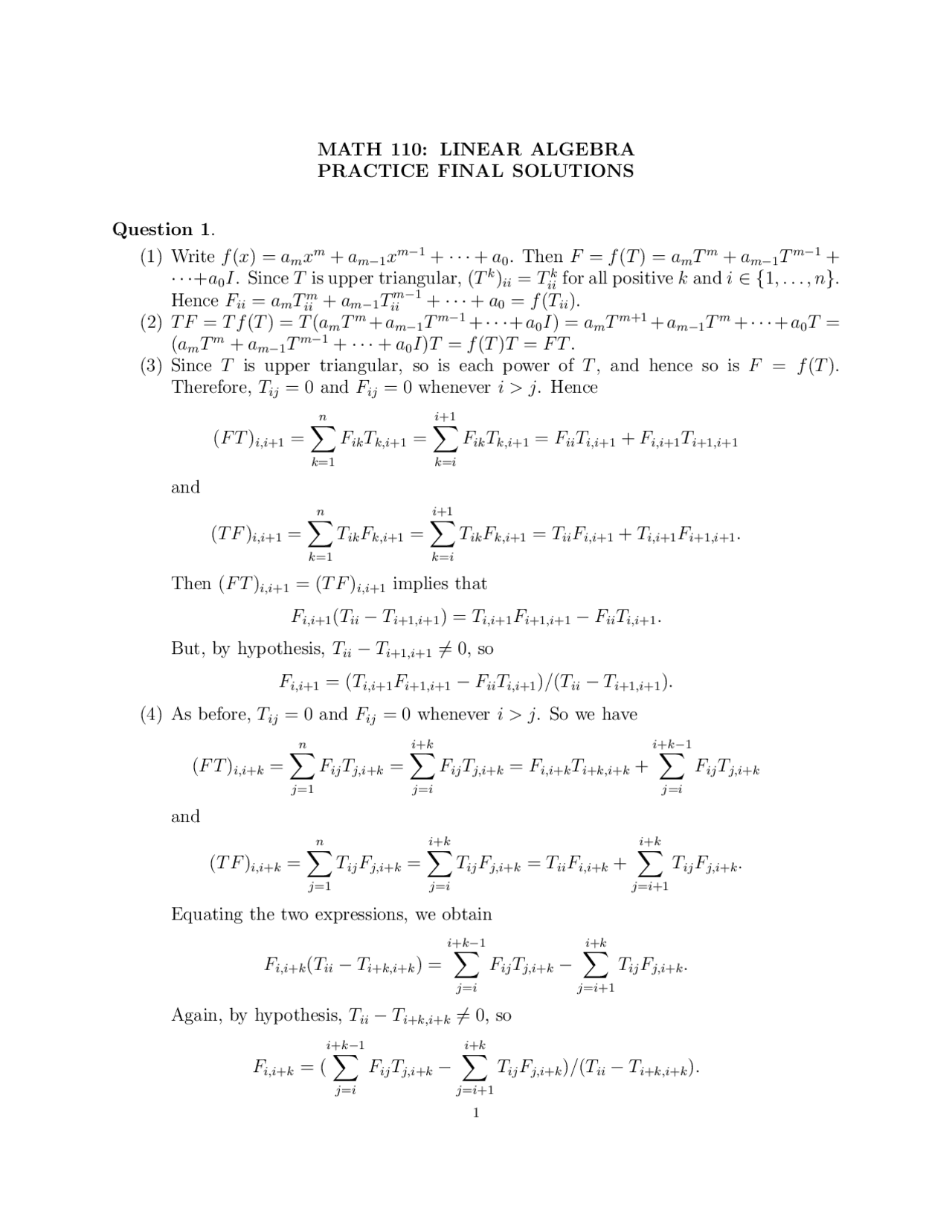 Practice Final Solutions of Problems - Linear Algebra | MATH 110 | Exámenes Álgebra Lineal | Docsity