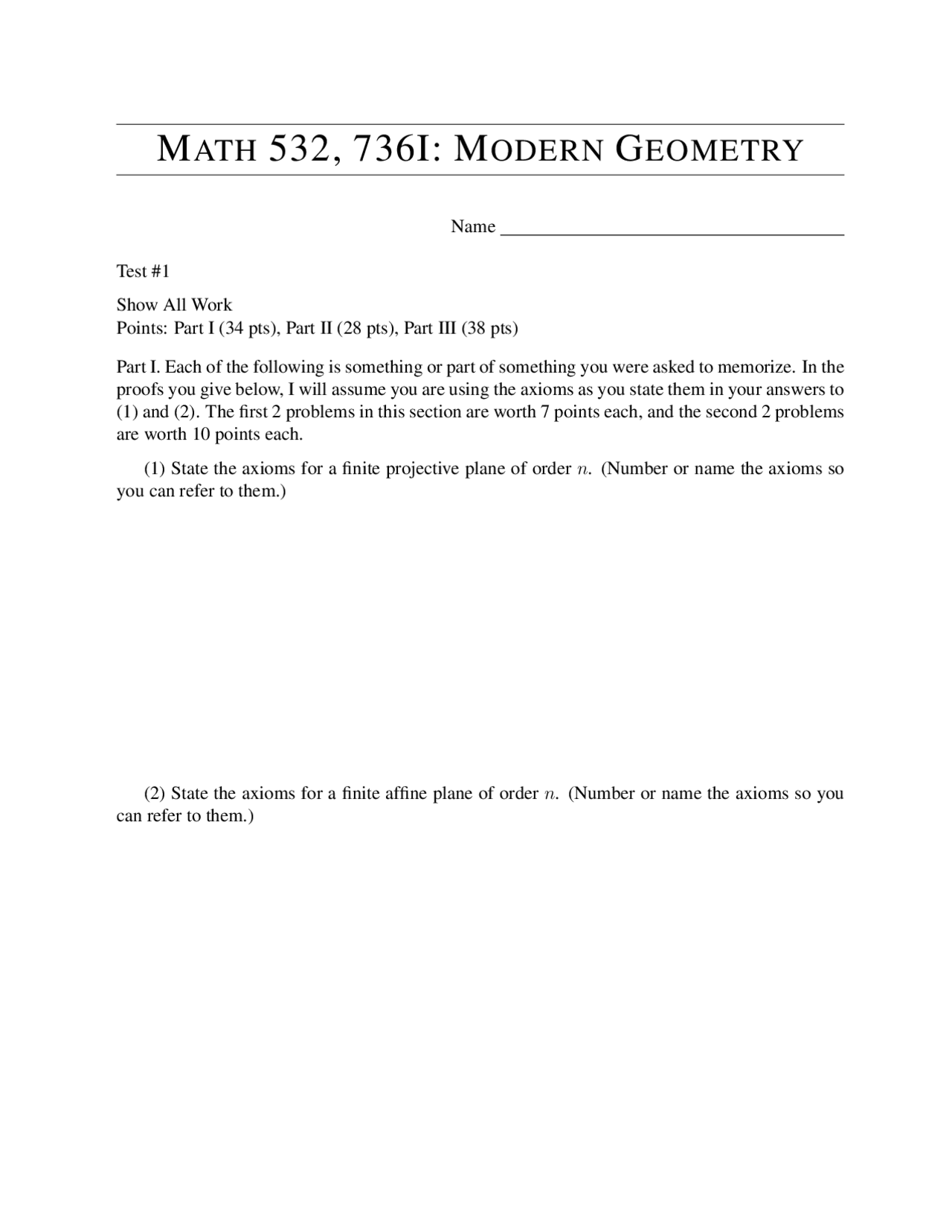 Test 1 Unsolved Questions For Modern Geometry Math 532 Docsity