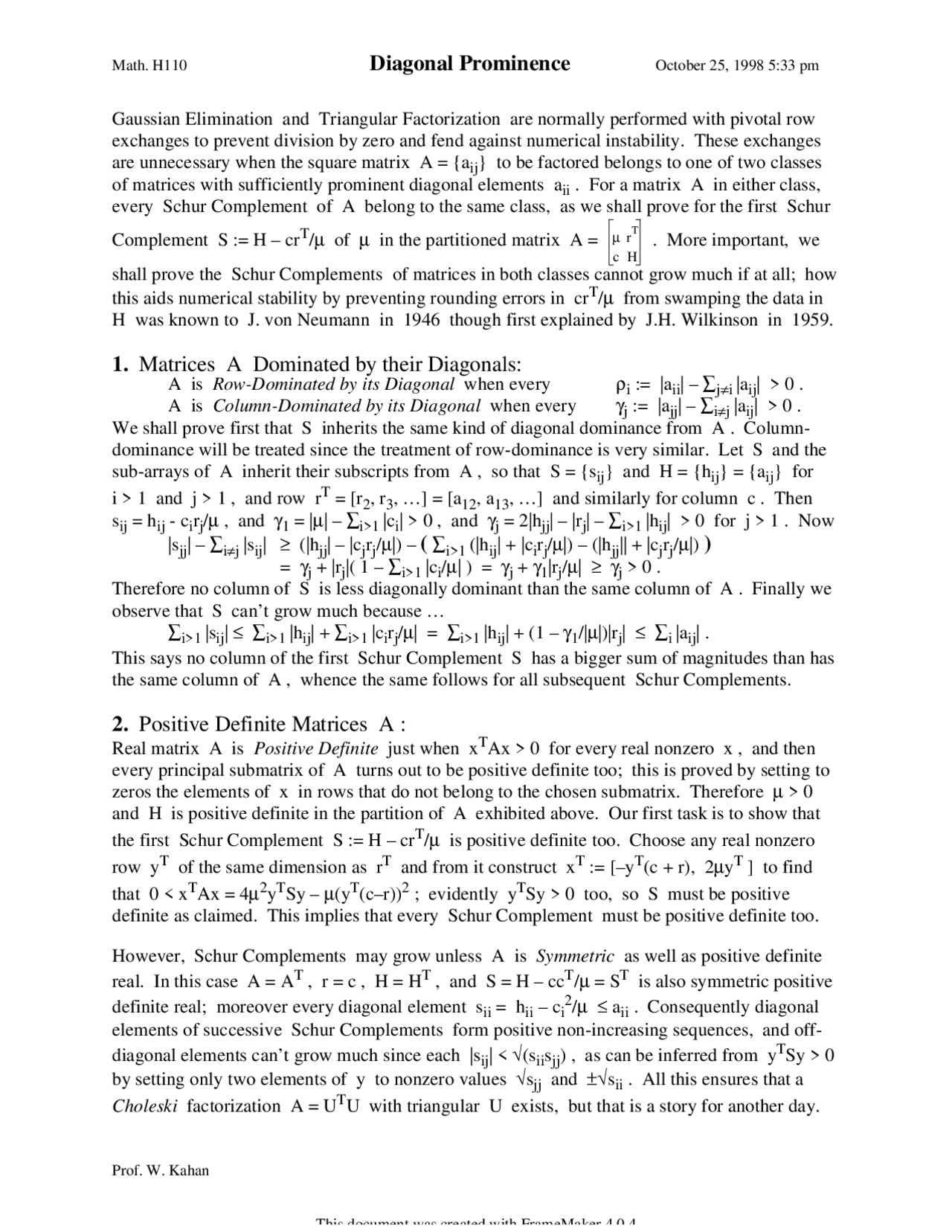 Diagonal Prominence - Honors Linear Algebra | MATH H110 - Docsity