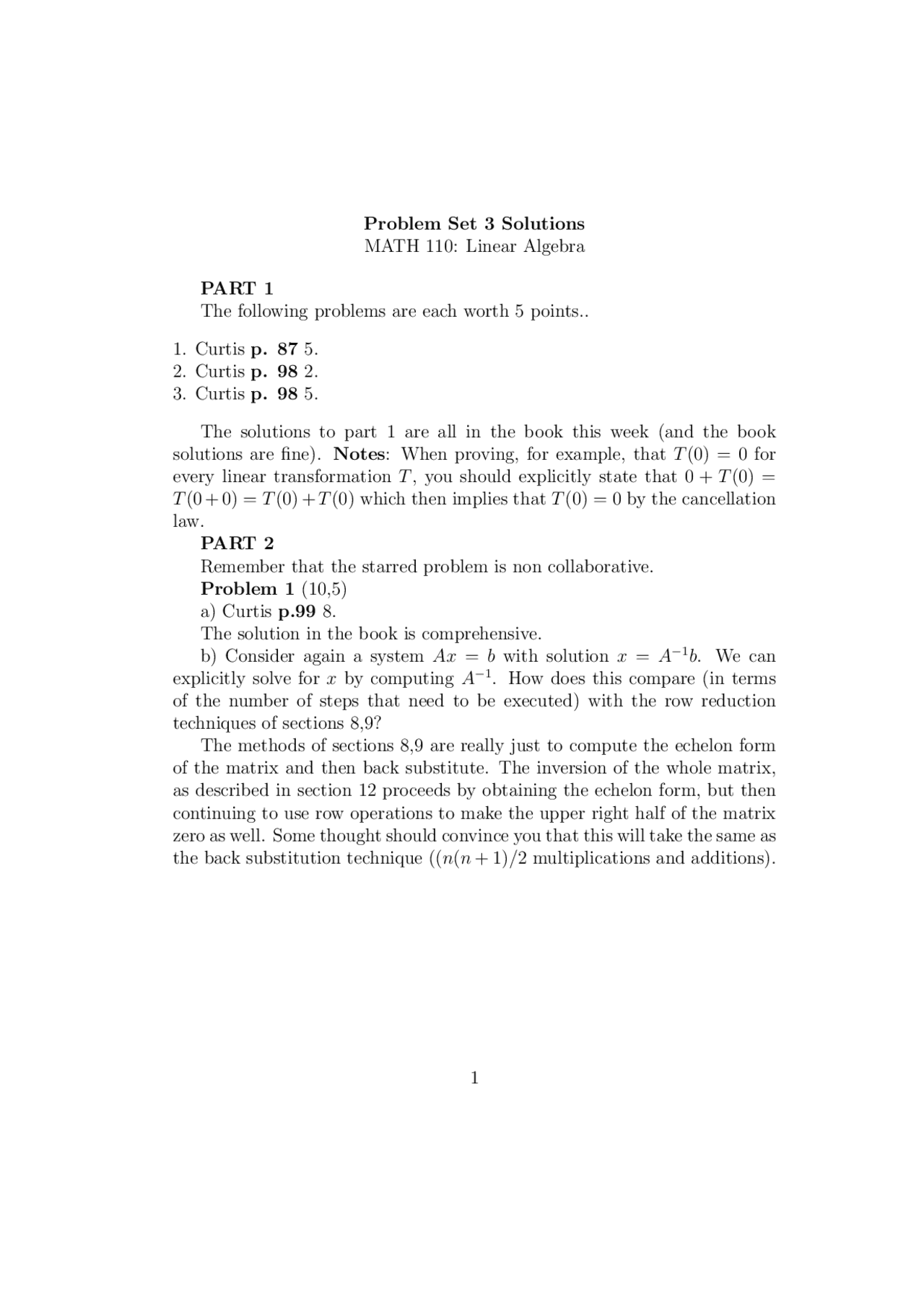 Problem Set 3 Solutions Linear Algebra Math 110 Docsity