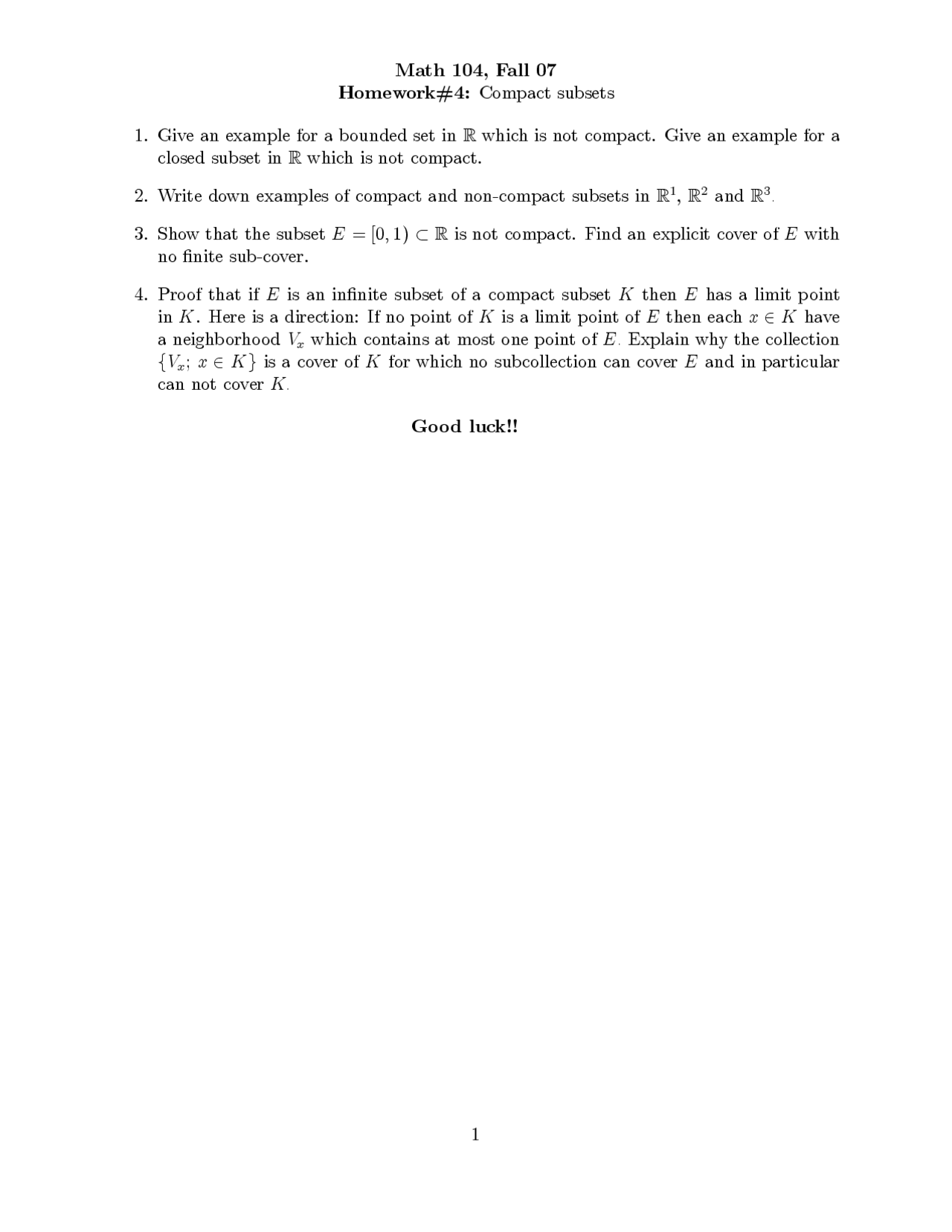 Assignment 4 for Compact Subsets - Introduction to Analysis | MATH 104 - Docsity