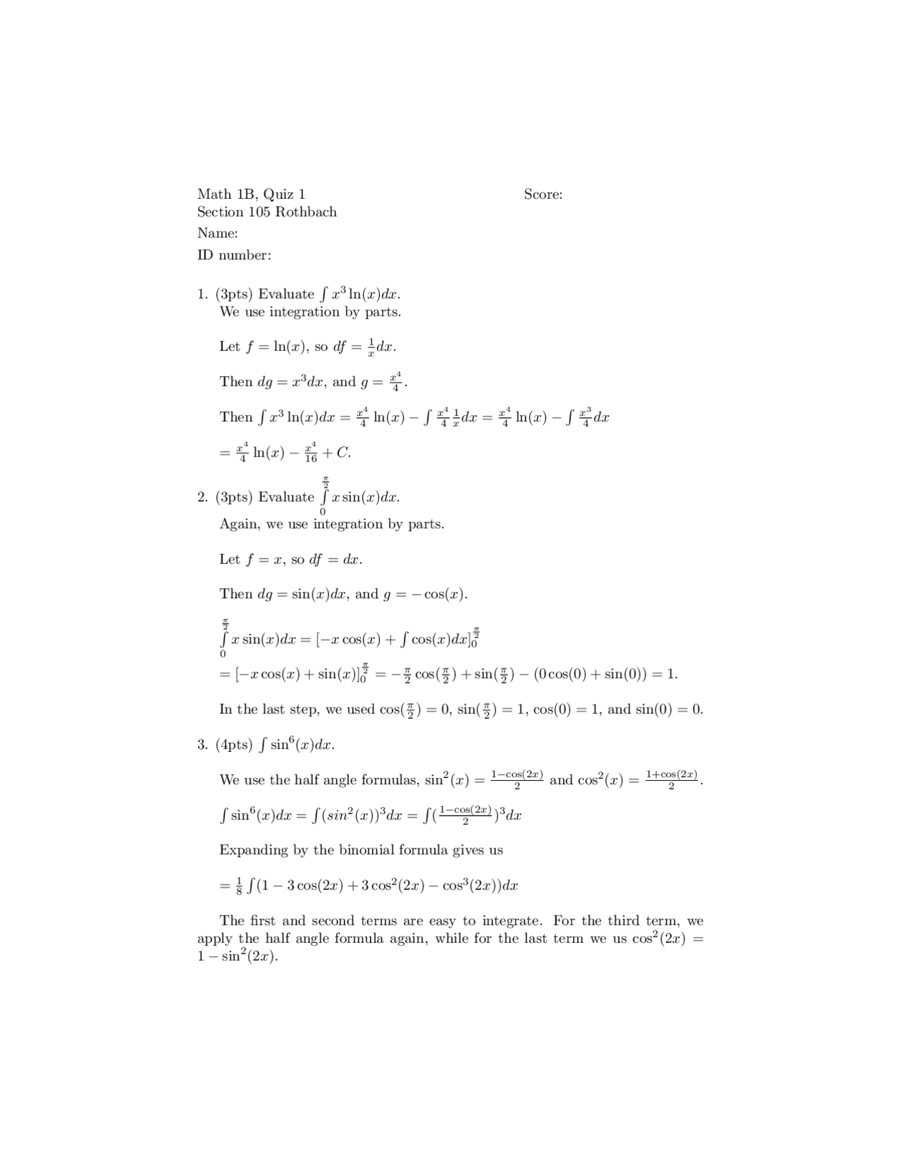 Calculus Quiz 1 With Solutions Math 1b Docsity