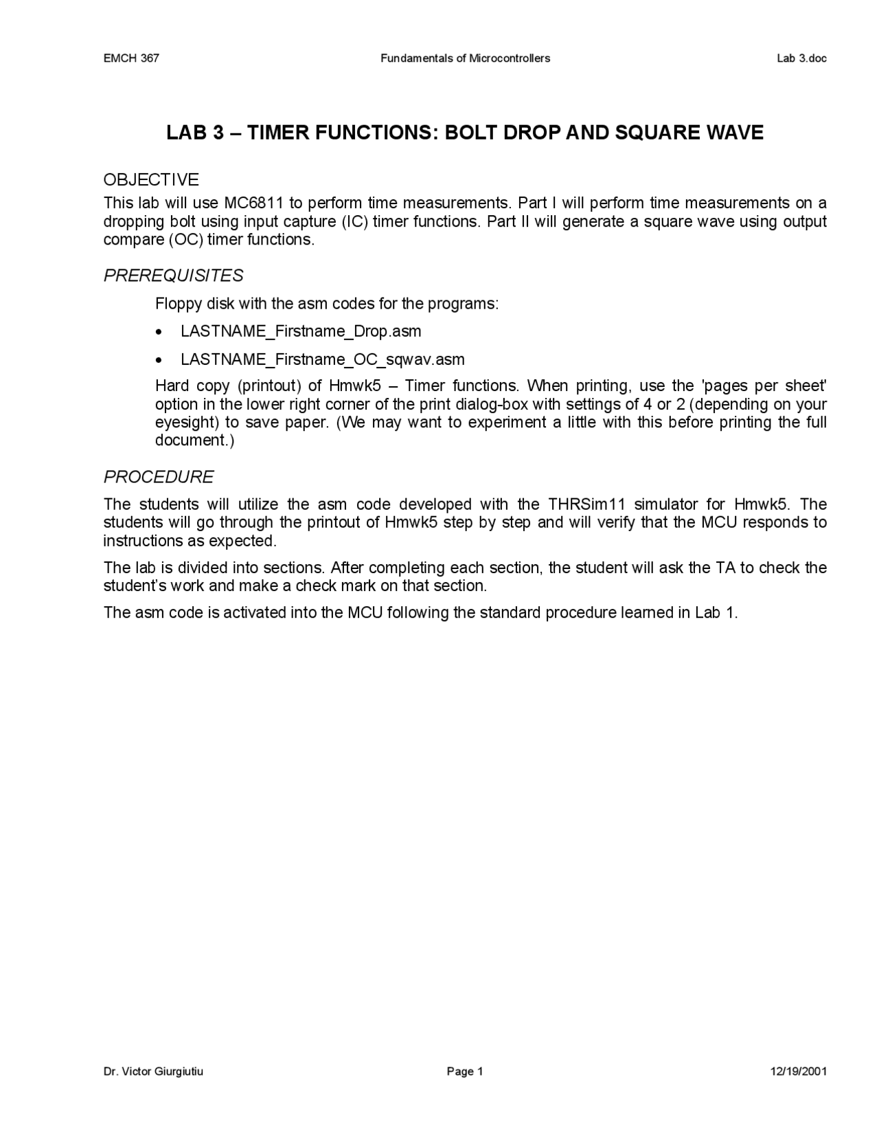 Lab Iii Timer Functions Bolt Drop And Square Wave Emch 367 Docsity