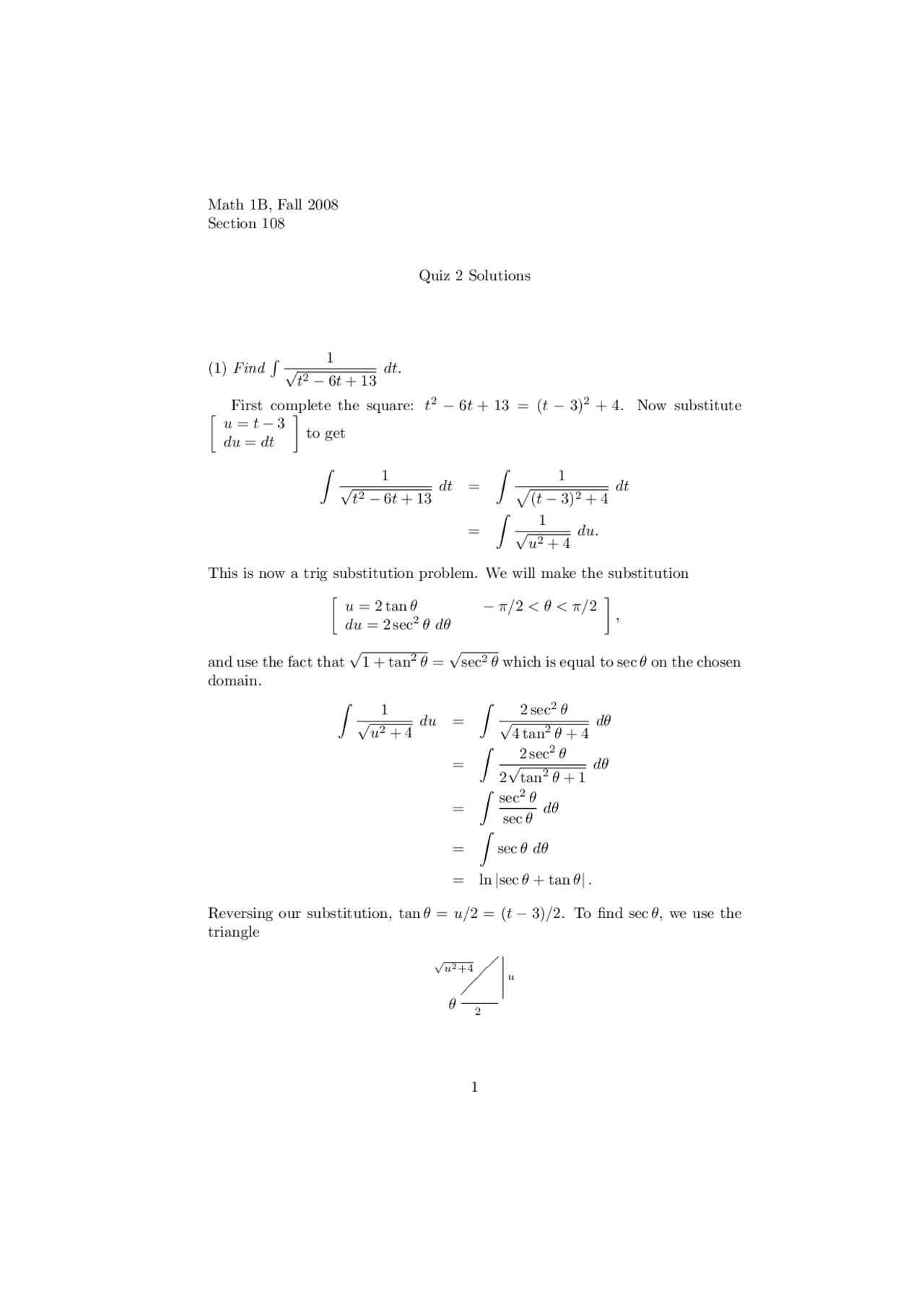 Quiz 2 Solutions Calculus Fall 2008 Math 1b Docsity