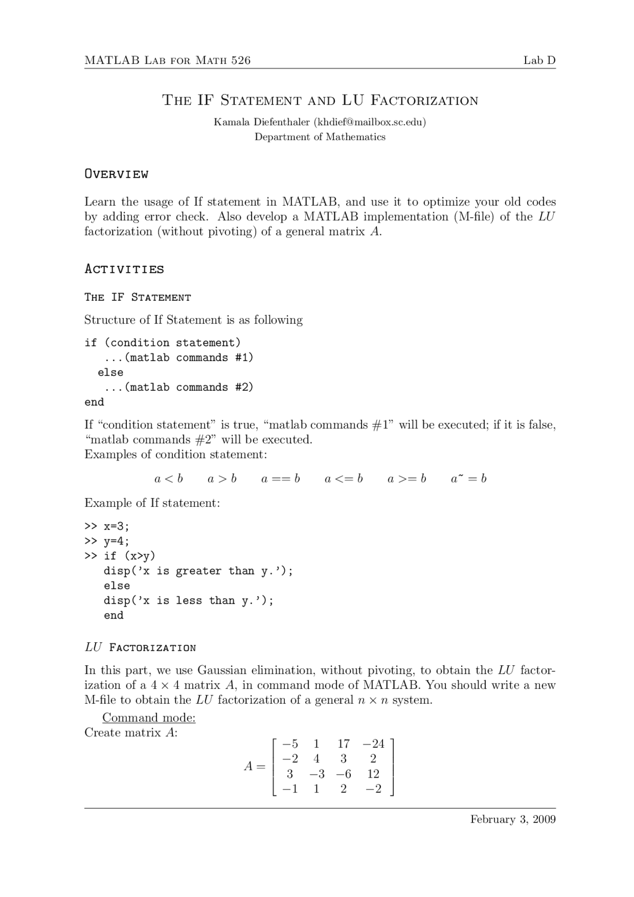 The If Statement And Lu Factorization Laboratory 4 Math 526 Docsity