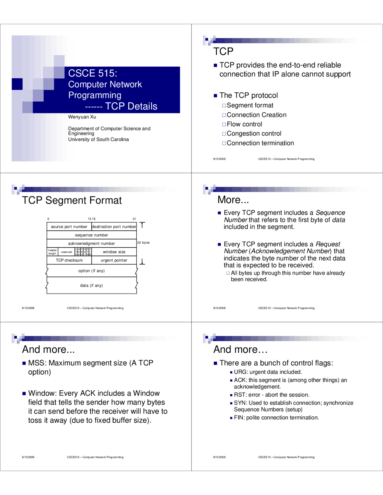 Lecture Slides on TCP Details - Computer Network Programming | CSCE 515 - Docsity
