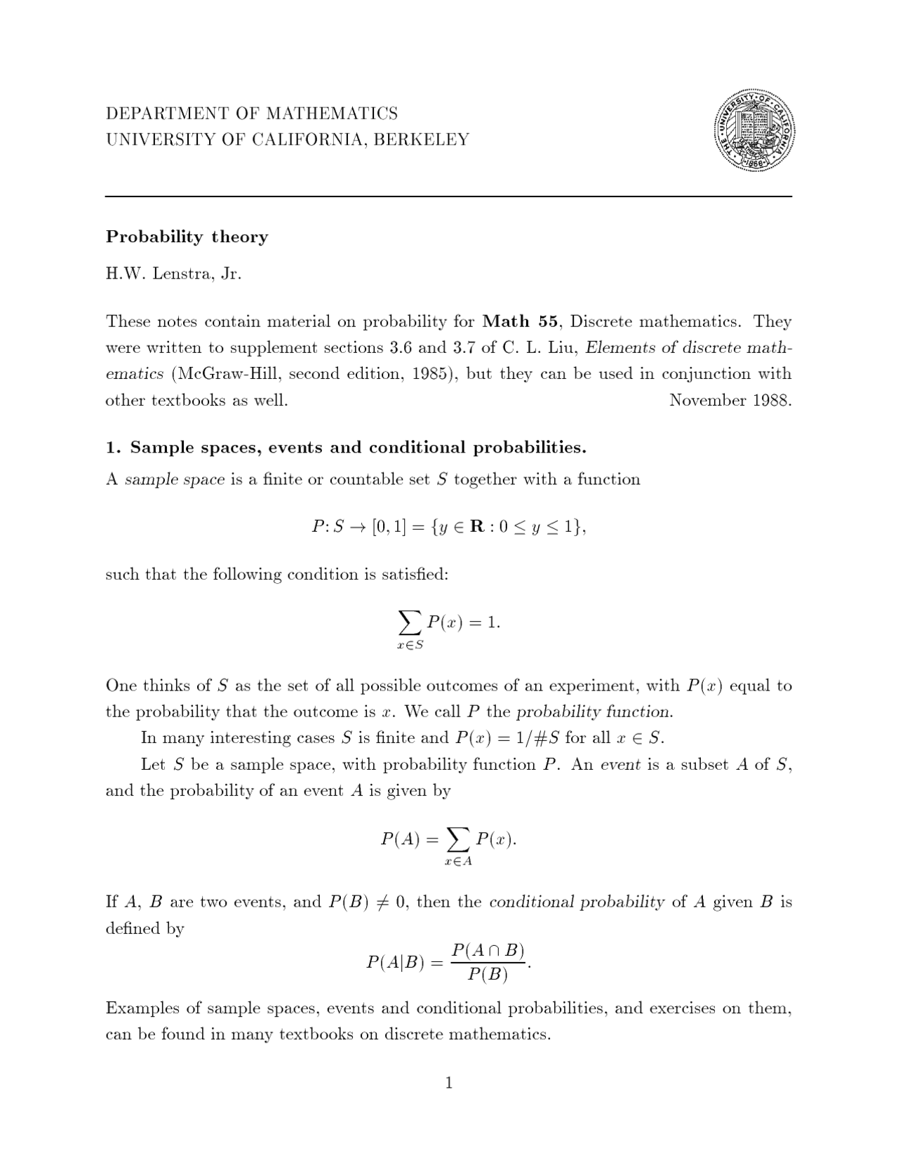 Lecture Notes on Probability Theory - Discrete Mathematics | MATH 055 ...