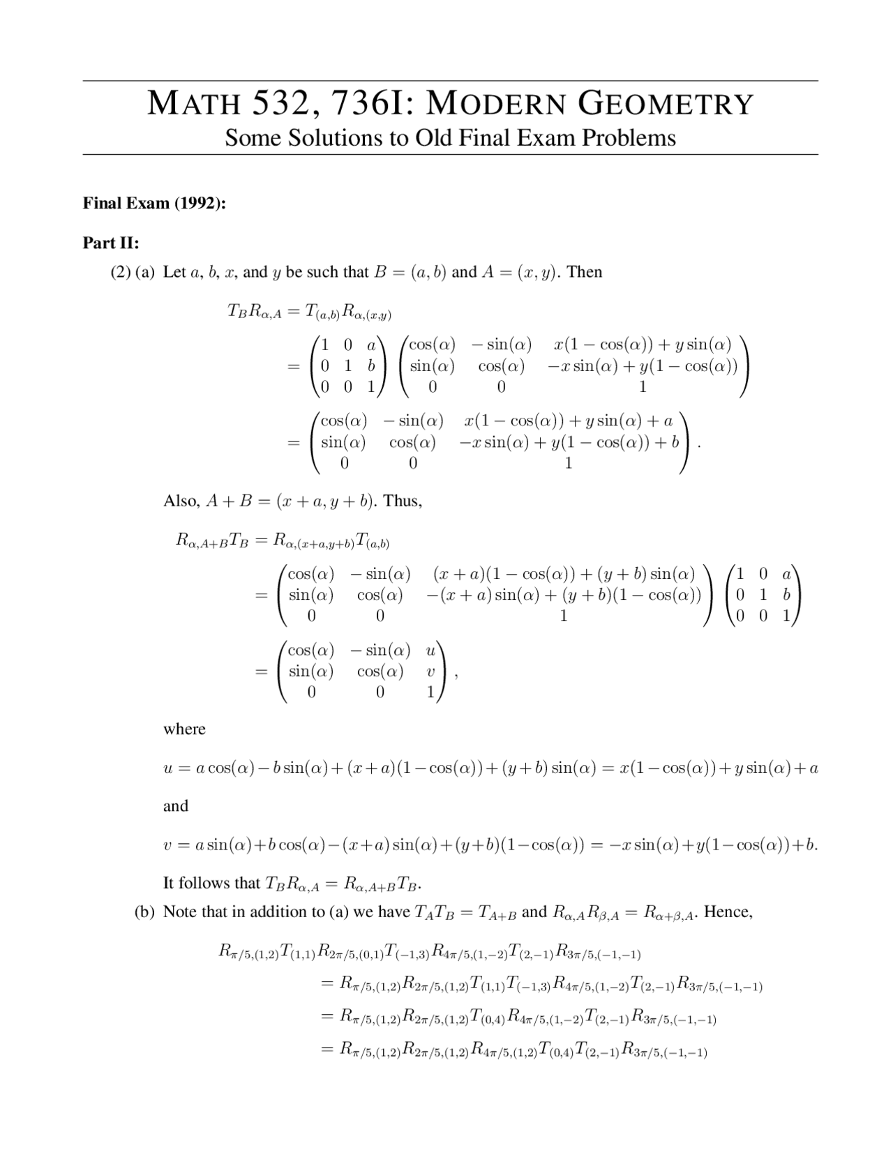 Some Solutions To Old Final Exam Problems Modern Geometry Math 532