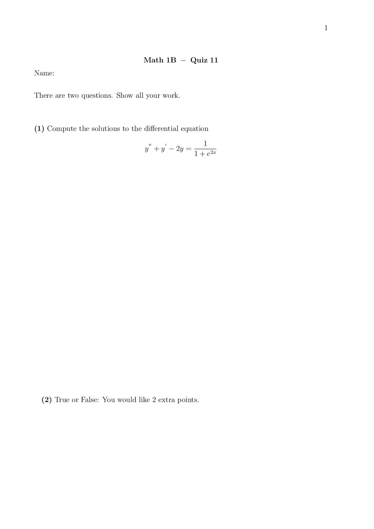 2 Questions On Calculus Quiz 11 Math 1b Docsity