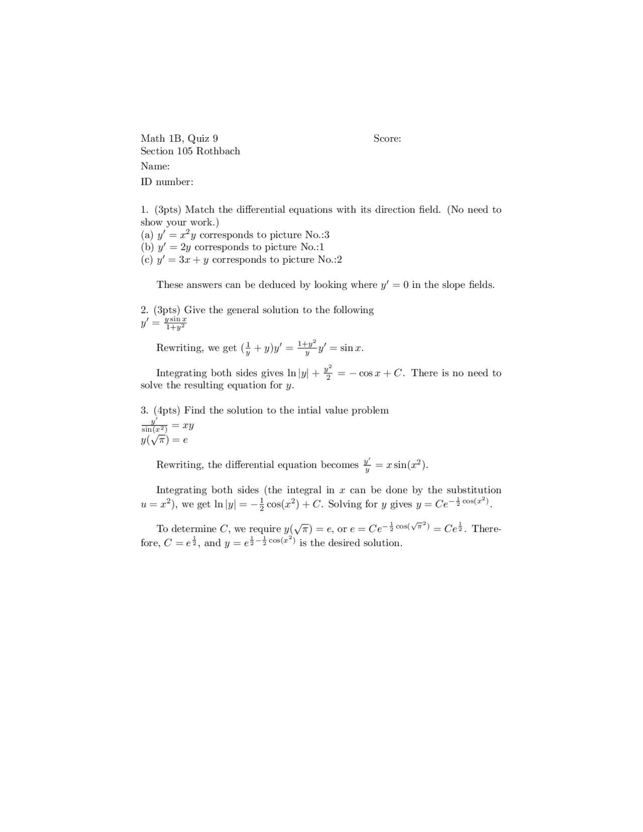 Quiz 9 For 3 Problems On Calculus Math 1b Docsity