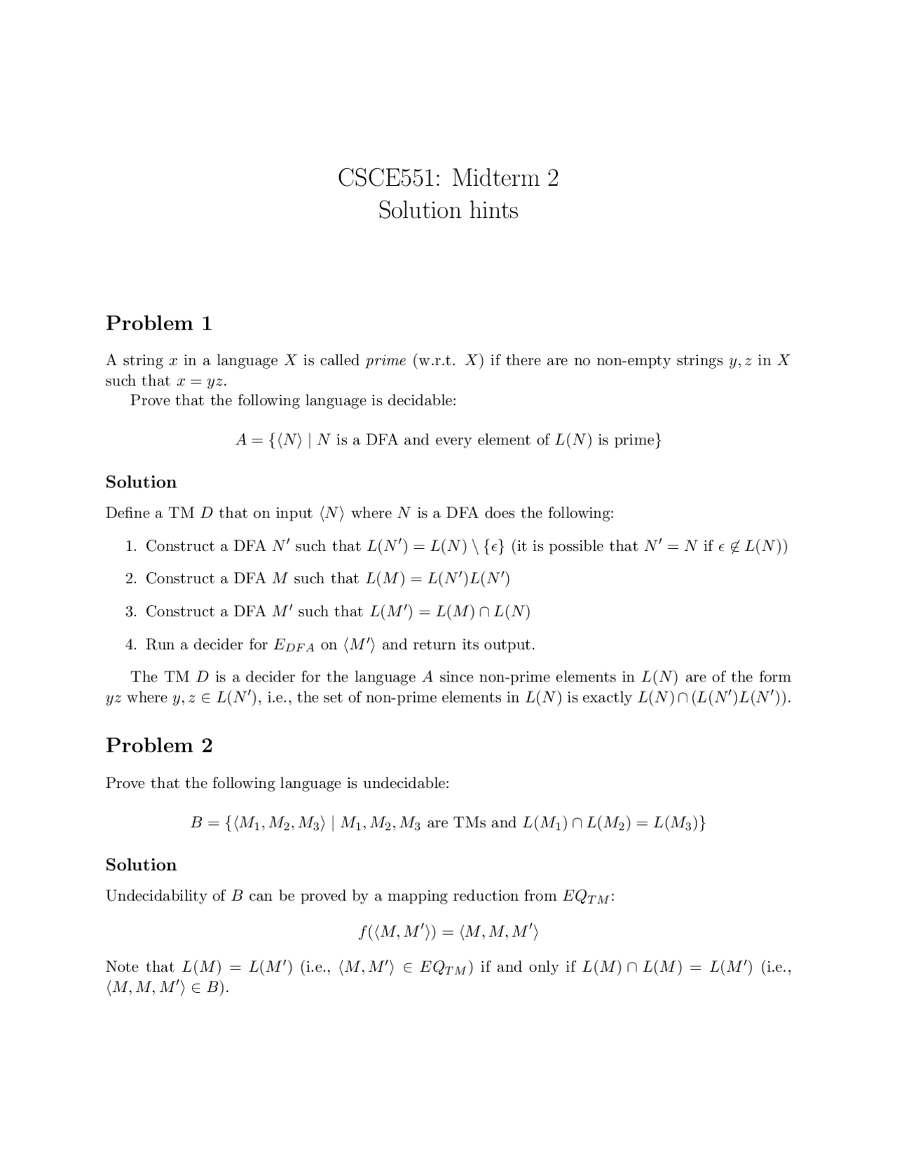 Midterm Exam 2 Solutions Hints Theory Of Computation Csce 551 Exams Computer Science Docsity