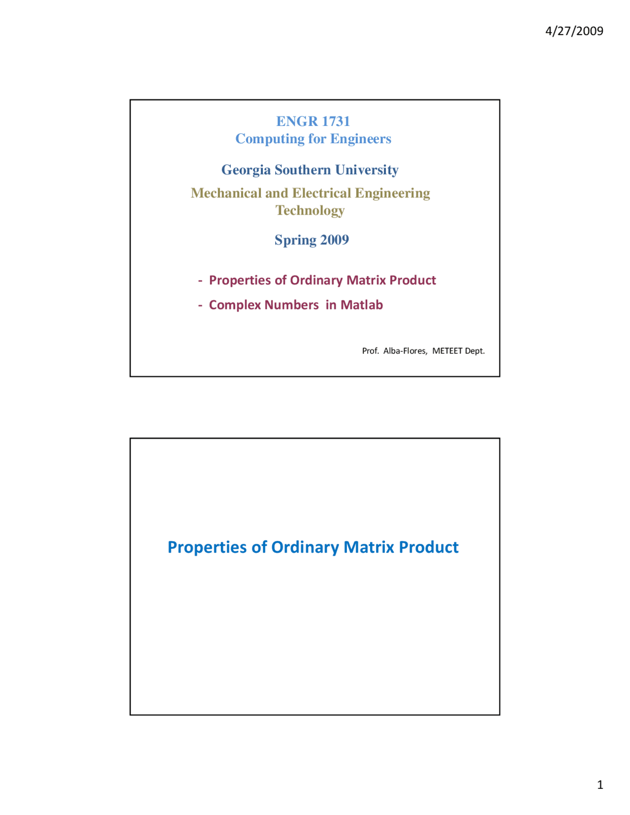 Properties Of Ordinary Matrix Product Notes Engr 1731 Docsity