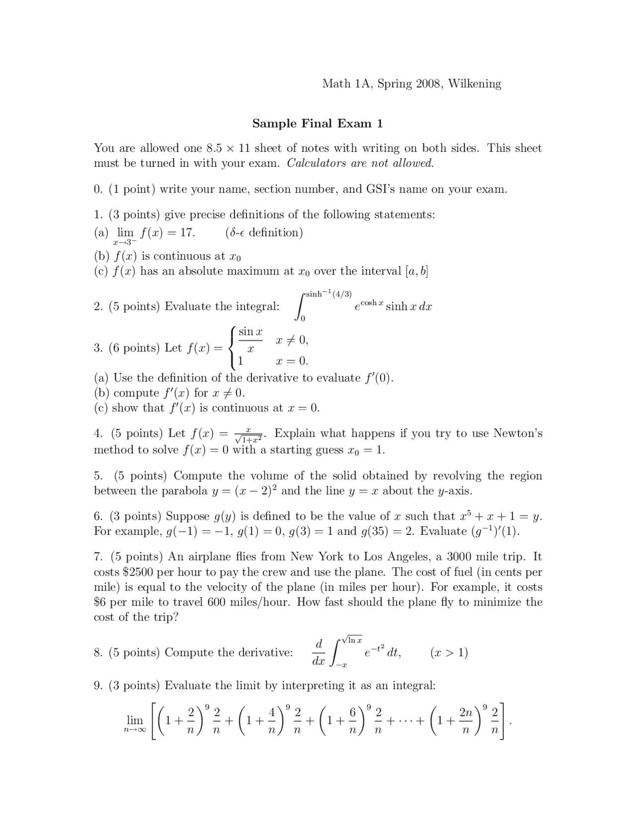 Calculus Sample Final Exam 1 T O Solve Spring 2008 Math 1a Docsity