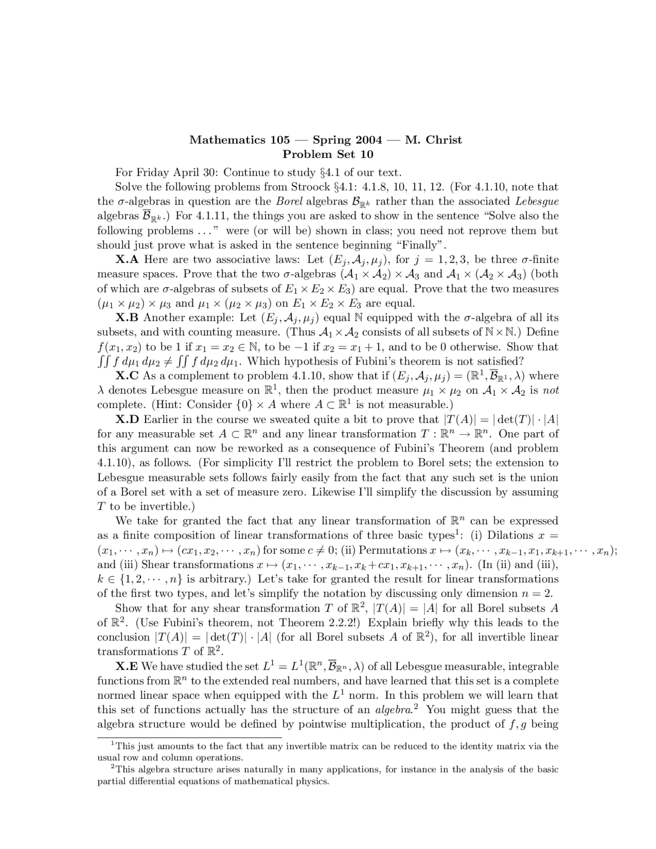 Analysis Ii Problem Set 10 Spring 2004 Math 105 Docsity
