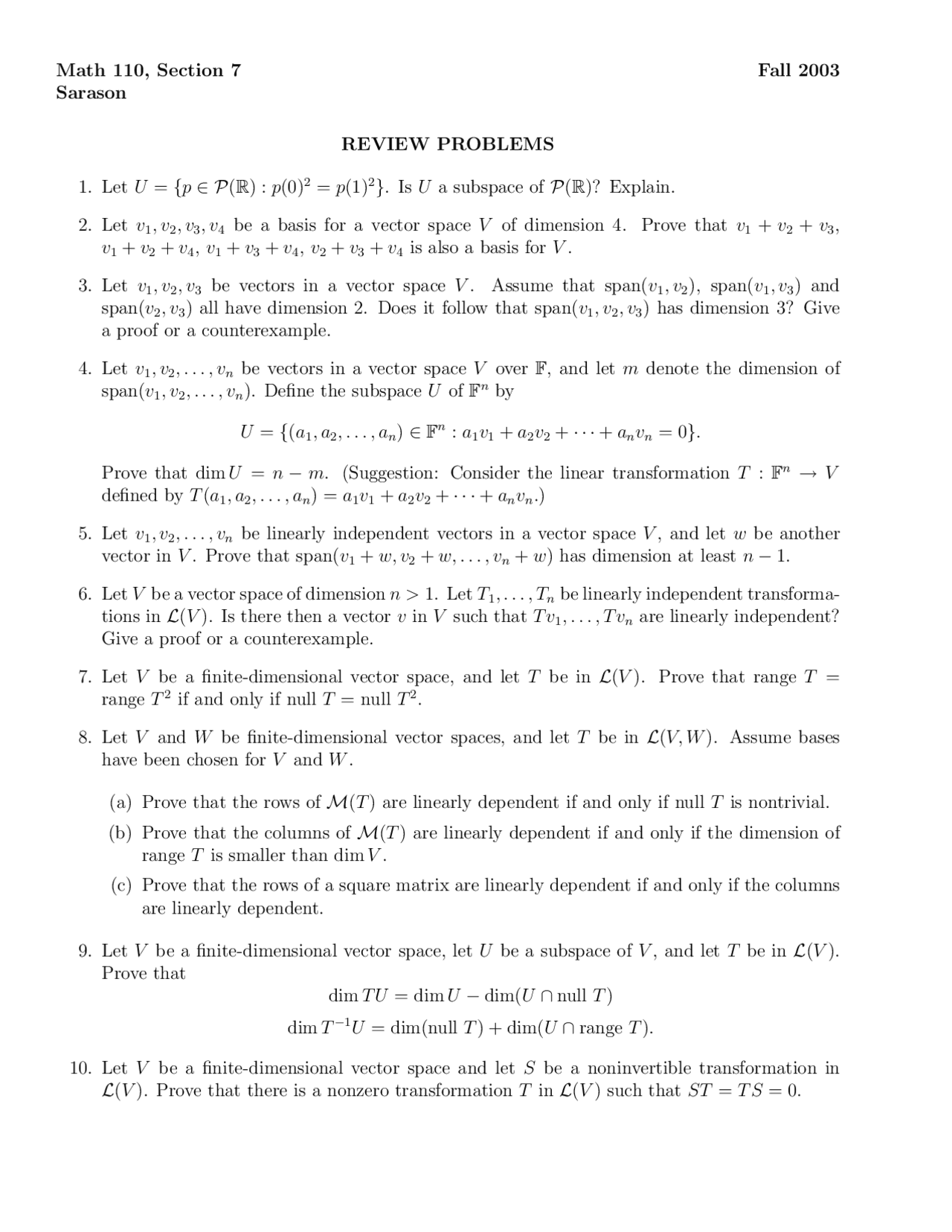 Review Problems Linear Algebra Math 110 Docsity