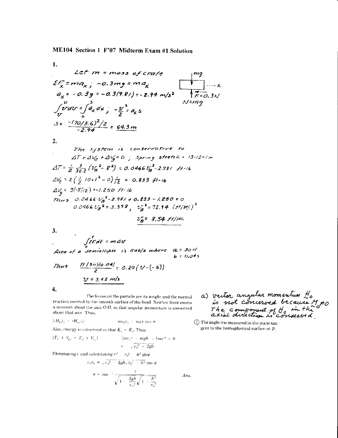 Engineering Mechanics II - Midterm Exam #1 Solution | MEC ENG 104 - Docsity