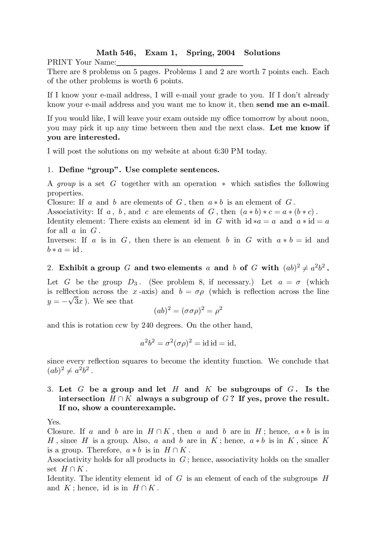 Solutions Of Exam 1 On Algebraic Structures I Exam 1 Math 546 Docsity