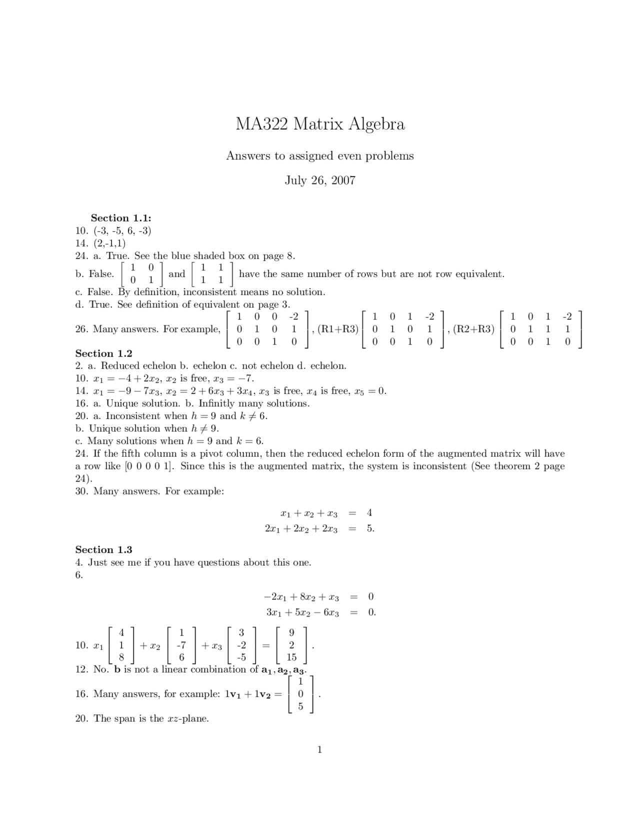Matrix Algebra: Answers to Assigned Problems from Section 1.1 to 1.5 ...