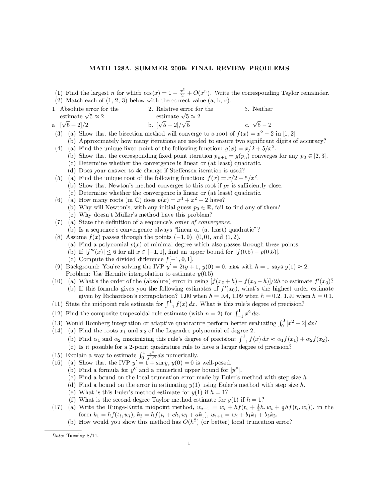 Final Review Problems for Math 128A, Summer 2009 | Exams Mathematical Methods for Numerical ...