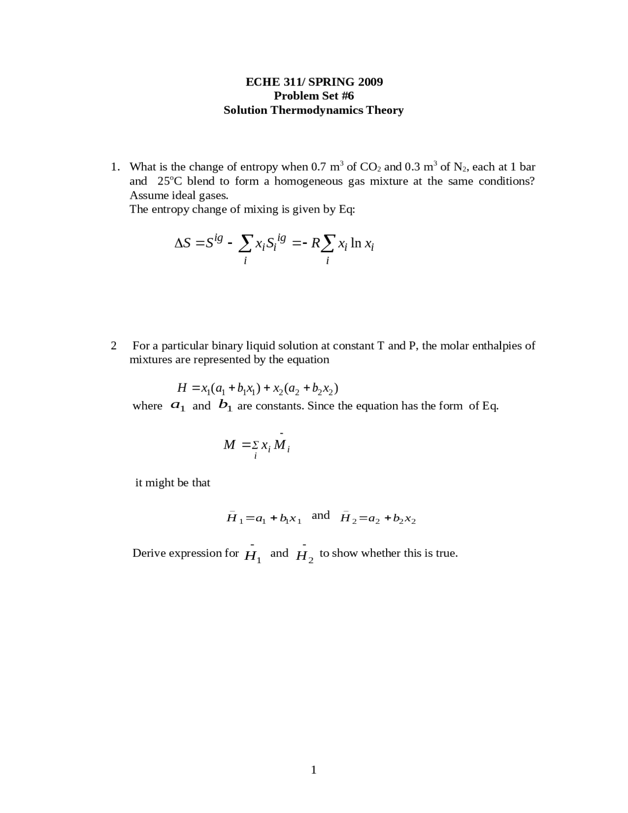 Solution Thermodynamics Theory - Problem Set 6 | ECHE 311 | Assignments ...