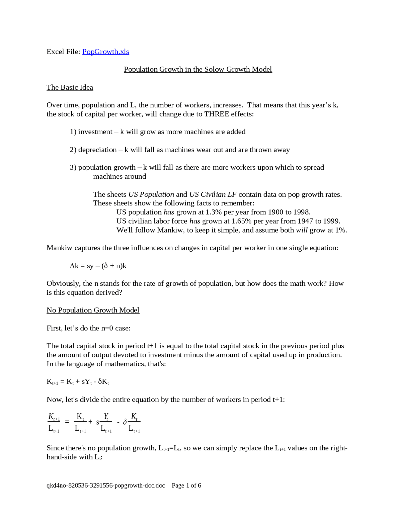 Population Growth In The Solow Growth Model Lecture Notes Econ 161