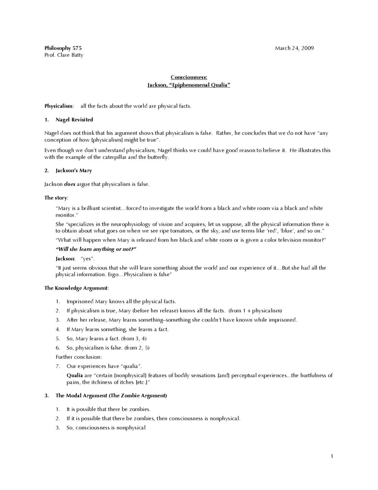 Lack Son Epiphenomenal Qualia Lecture Notes Phi 575 Docsity