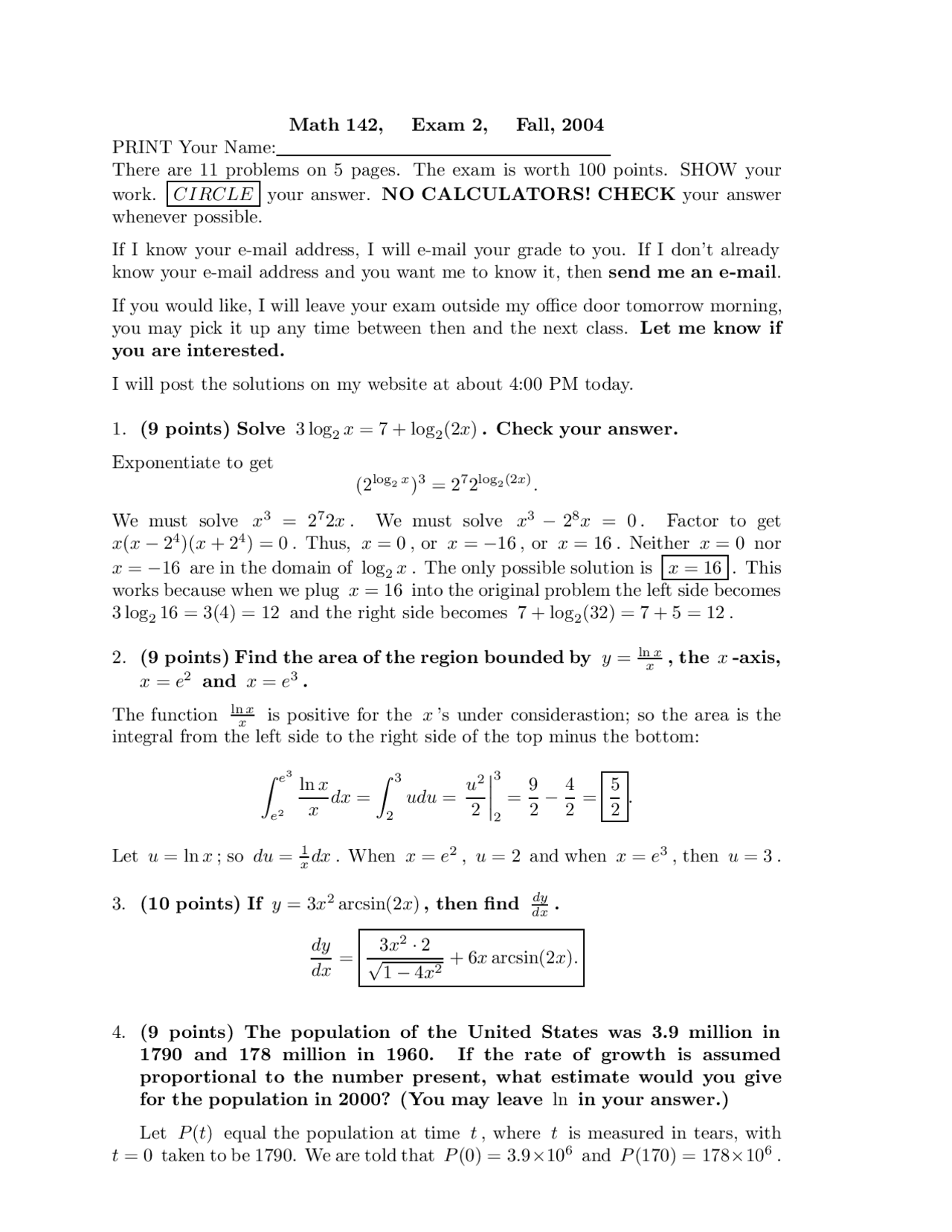 Final Exam 2 with Answer Key for Calculus II | MATH 142 | Exams ...
