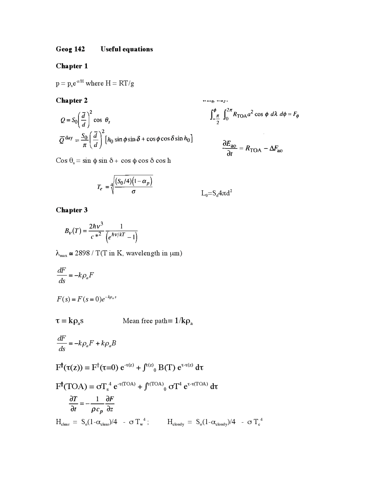 Review Sheet With Useful Equations Climate Dynamics Geog 142 Docsity